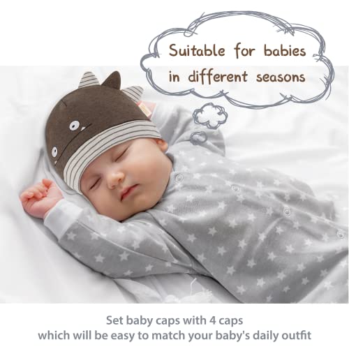 DOKMA Organic Cotton Toddler Hat Set 4 with Cute Dinosaur Design for Baby Boy, Baby Girl 0-6 Months