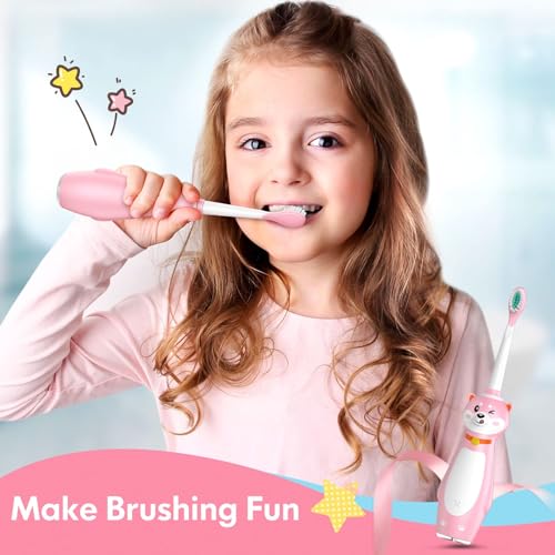 DADA-TECH Kids Electric Toothbrush Rechargeable, Sonic Silicone Teeth Brush with Timer for Children Boys Girls Ages 3+, 3 Modes with Memory, 4 Soft Brush Heads (Pink Shiba Inu Dog)
