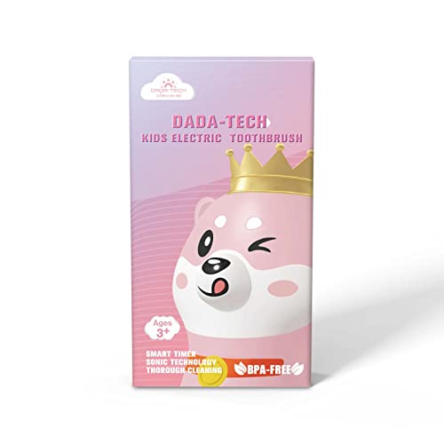 DADA-TECH Kids Electric Toothbrush Rechargeable, Sonic Silicone Teeth Brush with Timer for Children Boys Girls Ages 3+, 3 Modes with Memory, 4 Soft Brush Heads (Pink Shiba Inu Dog)