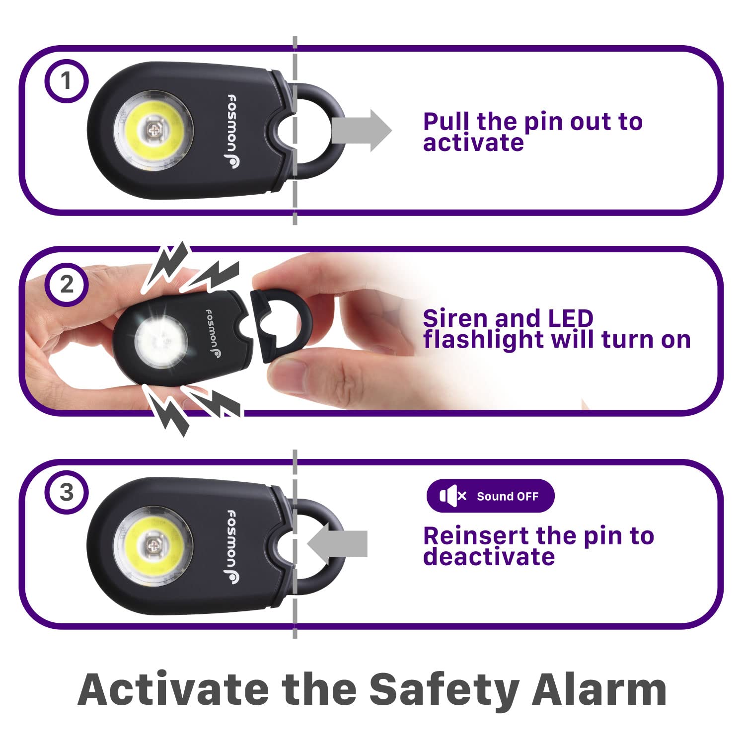 Fosmon Personal Alarm for Women (2-Pack), Self Defense Protection Keychain Safety Sound Siren 125DB with Strobe Light LED Flashlight Carabiner, SOS Emergency Security Alert Device for Kids Elderly Men