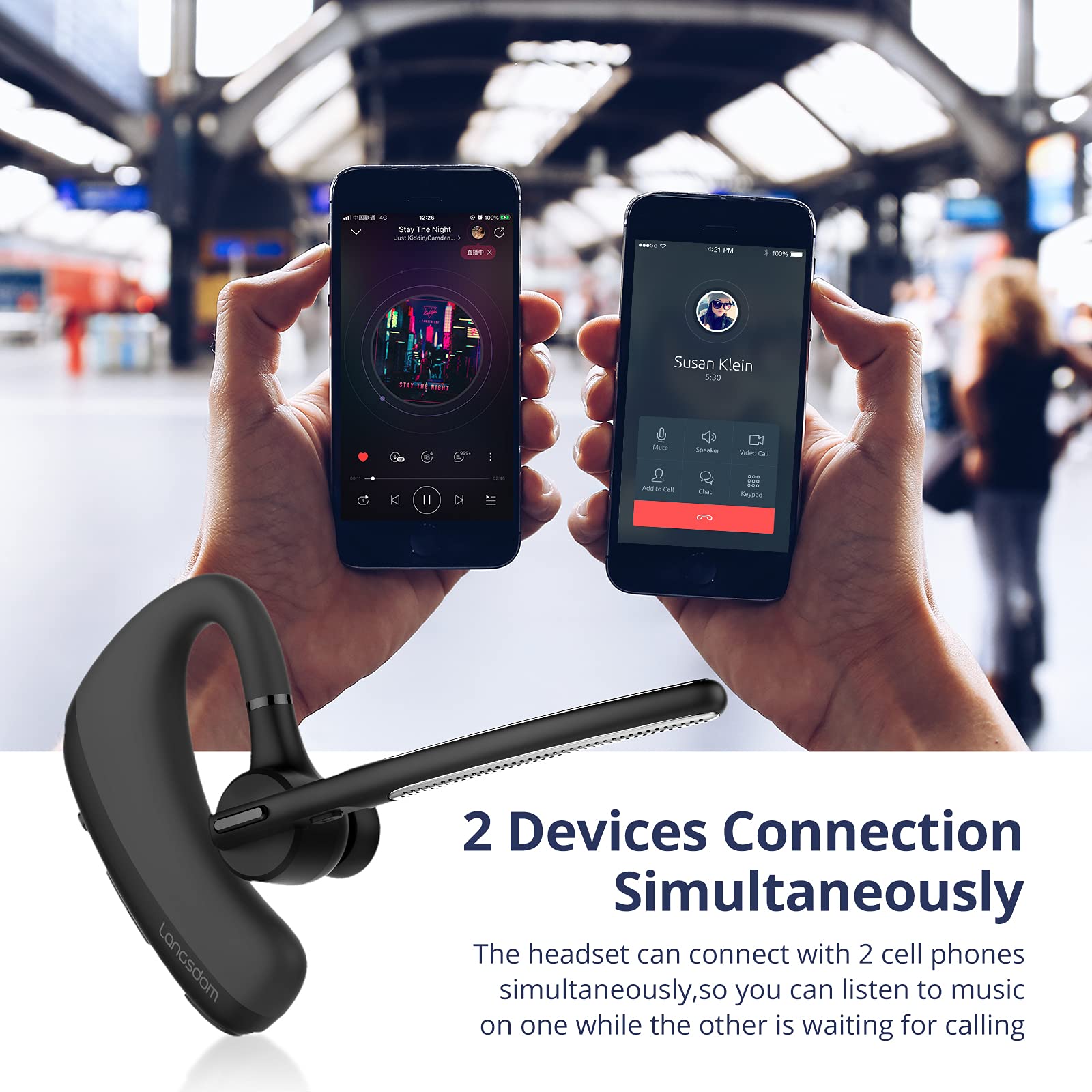 Langsdom Bluetooth Headsets Qualcomm V5.0 12 Hrs HD Talktime Wireless Earpiece CVC8.0 Noise Cancelling with Mute for Driving,Business,Office