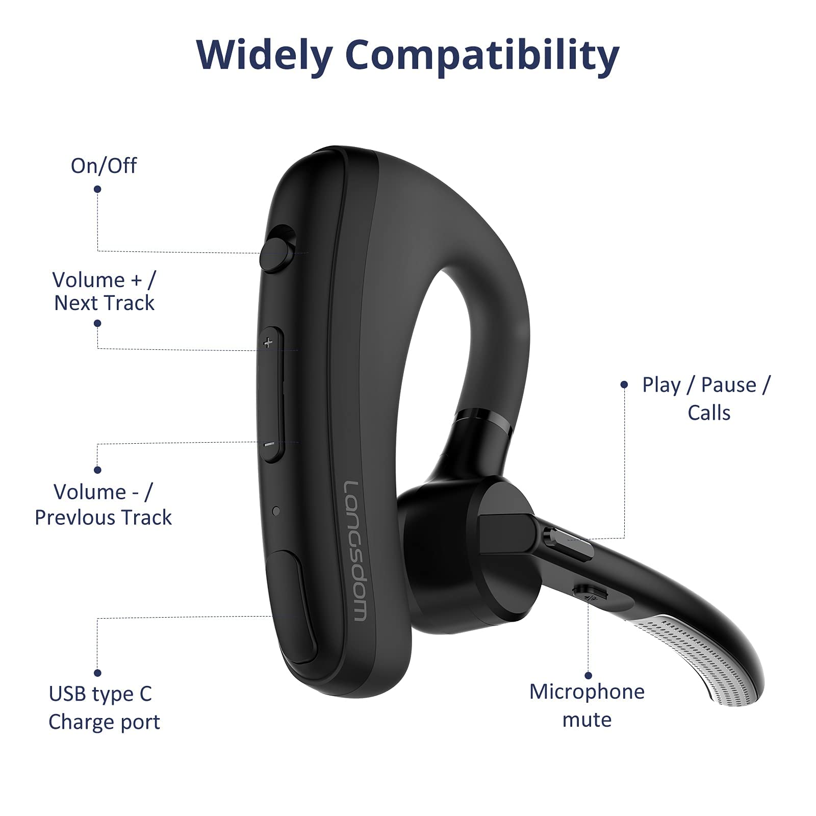 Langsdom Bluetooth Headsets Qualcomm V5.0 12 Hrs HD Talktime Wireless Earpiece CVC8.0 Noise Cancelling with Mute for Driving,Business,Office