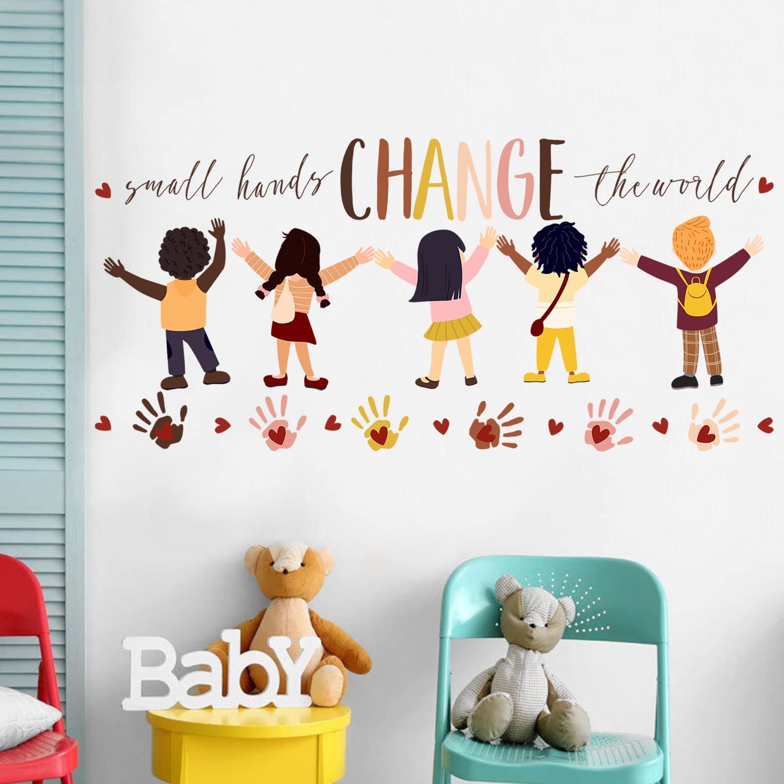 Mfault Inspirational Small Hands Change The World Handprint Wall Decals Stickers, Diversity Inclusion Equality Nursery Decorations Bedroom Playroom Classroom Art, Neutral Toddler Kids Room Decor