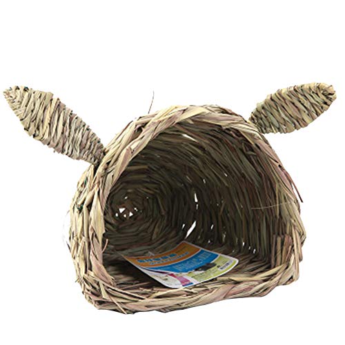 heave Hand-Made Rabbit Grass Bed House,Natural Seagrass Hideaway Play and Chew Toys Woven Folding Hut for Rabbit, Guinea Pig, Gerbils, Hamster and Other Small Animals Wood Color