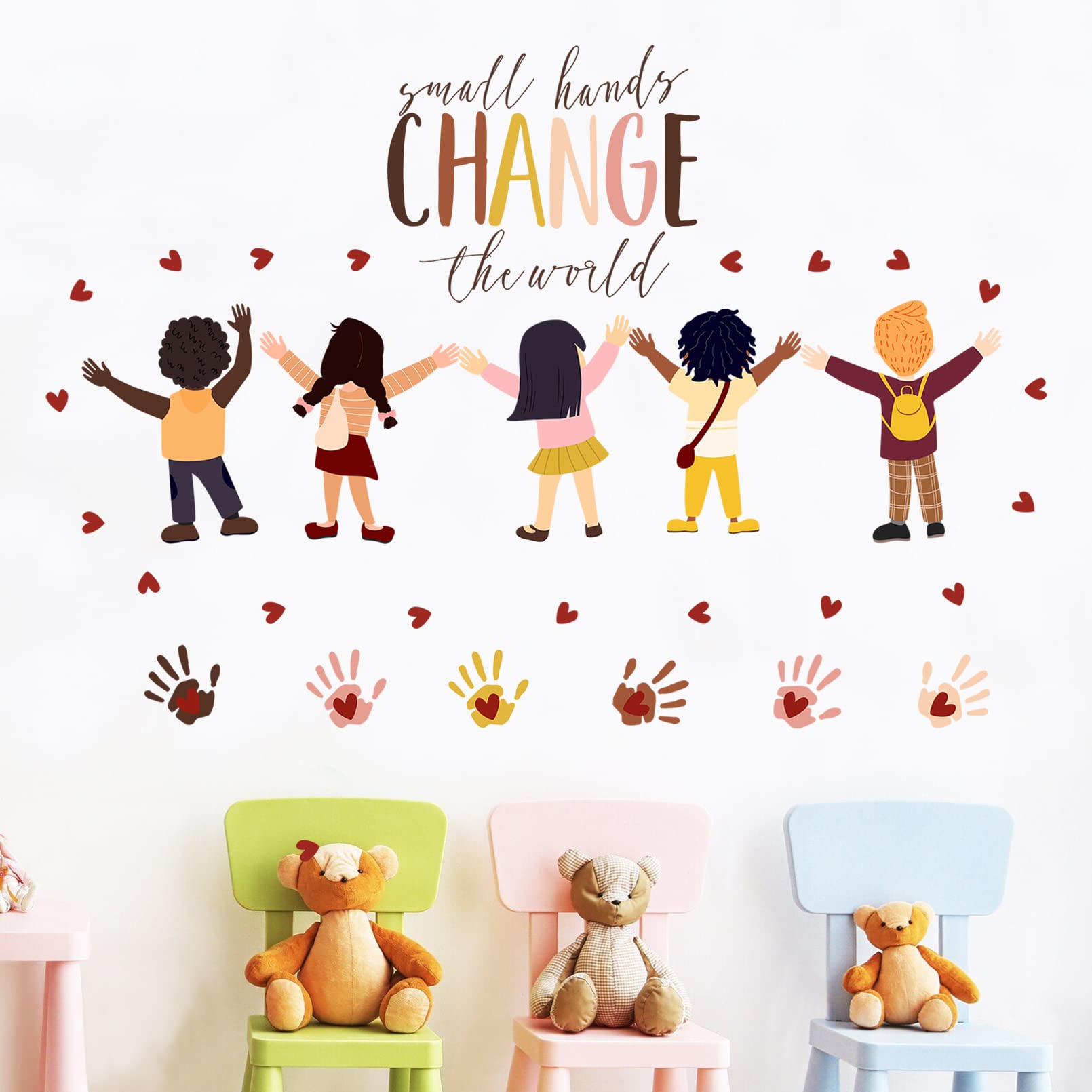 Mfault Inspirational Small Hands Change The World Handprint Wall Decals Stickers, Diversity Inclusion Equality Nursery Decorations Bedroom Playroom Classroom Art, Neutral Toddler Kids Room Decor