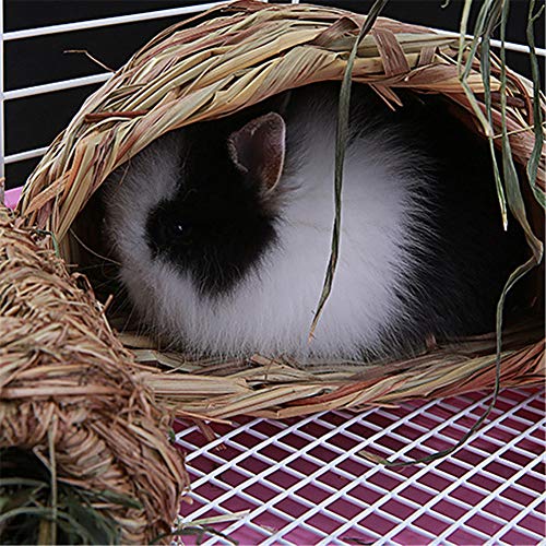 heave Hand-Made Rabbit Grass Bed House,Natural Seagrass Hideaway Play and Chew Toys Woven Folding Hut for Rabbit, Guinea Pig, Gerbils, Hamster and Other Small Animals Wood Color