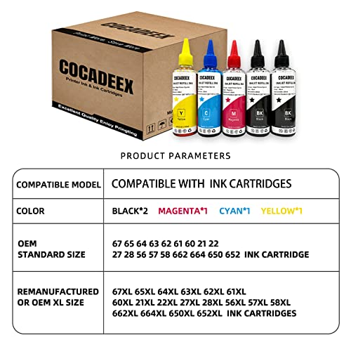 COCADEEX 500ml Ink Refill Kit Compatible with Ink Cartridges 67XL 65XL 64XL 63XL 62XL 67 65 64 63 62