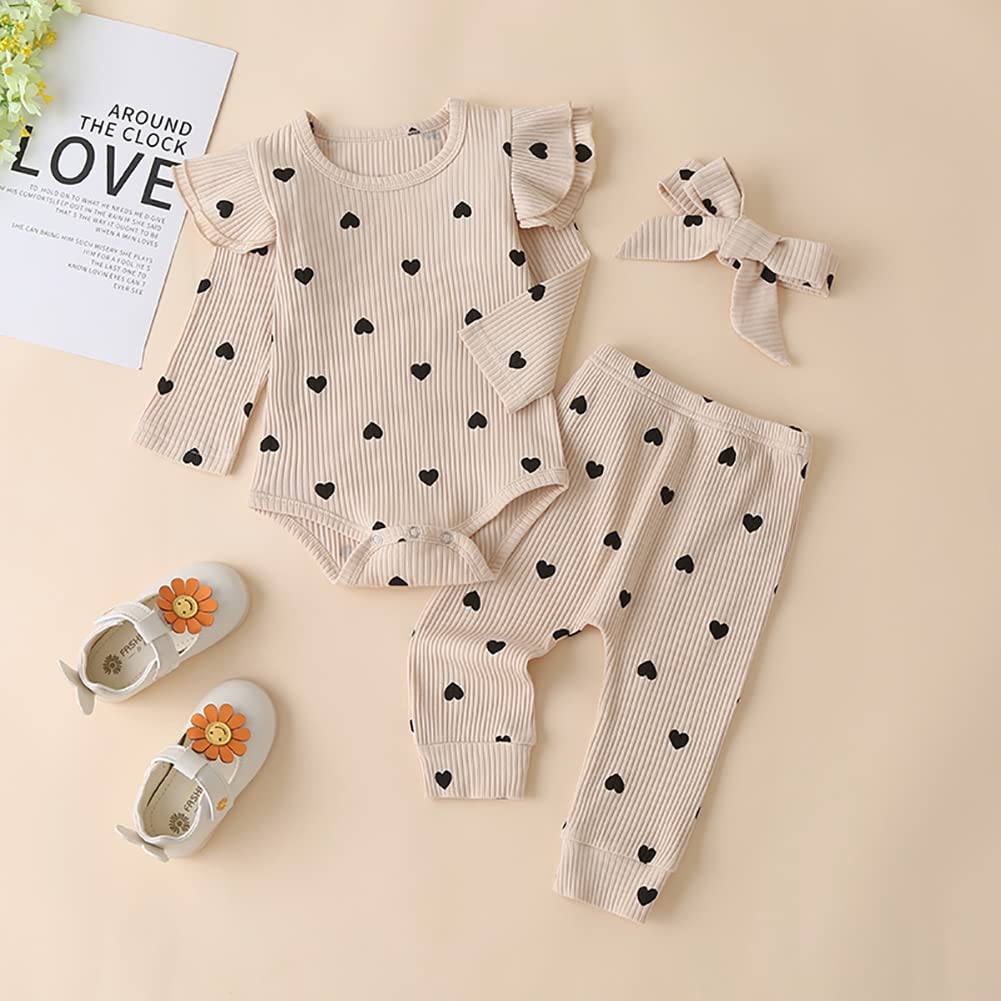 Baby Girl Clothes Infant Girls Outfits 3PC Rib Frill Long Sleeve Romper Pants Headband Set (Apricot, 6-9 Months)
