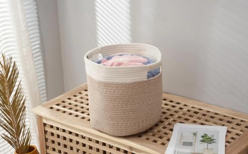 SOQKEEN Woven Cube Storage Basket 2 PCS Bathroom Cotton Rope Storage Organizer Bins with Handles Baby Kids Versatile Hamper for Shelves Laundry Nursery(Light Brown)