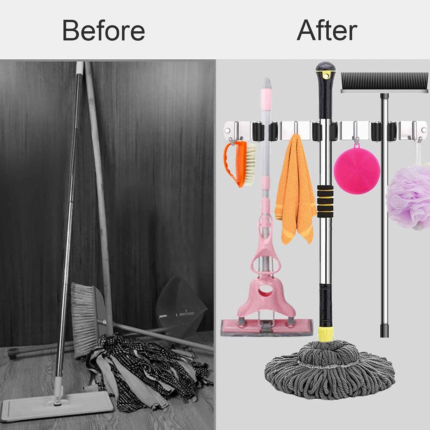 Mop Holder,Broom Organizer, 304 Stainless Steel Broom Holder with 3 Racks 4 Hooks, Wall Mount Garage Organizer Garden Tool Organizer,Hooks Hanger Rack Storage & Home Organization (1 Pack)