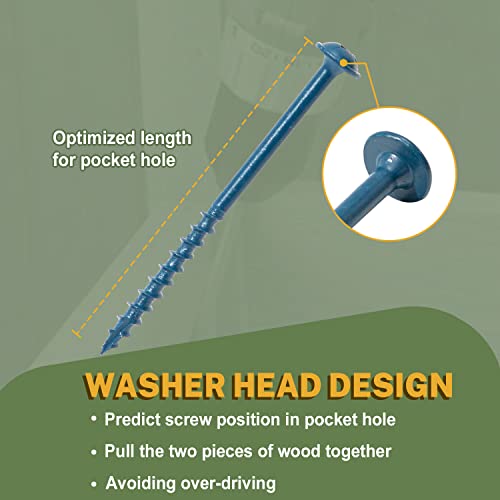 LIONMAX Pocket Hole Screws #8 x 2-1/2", Pocket Wood Screws 285 PCS, Square Drive Washer Head Screws, Coarse Thread with Blue Coated for Outdoor Use, Self Tapping, 150MM Drive Bit Included
