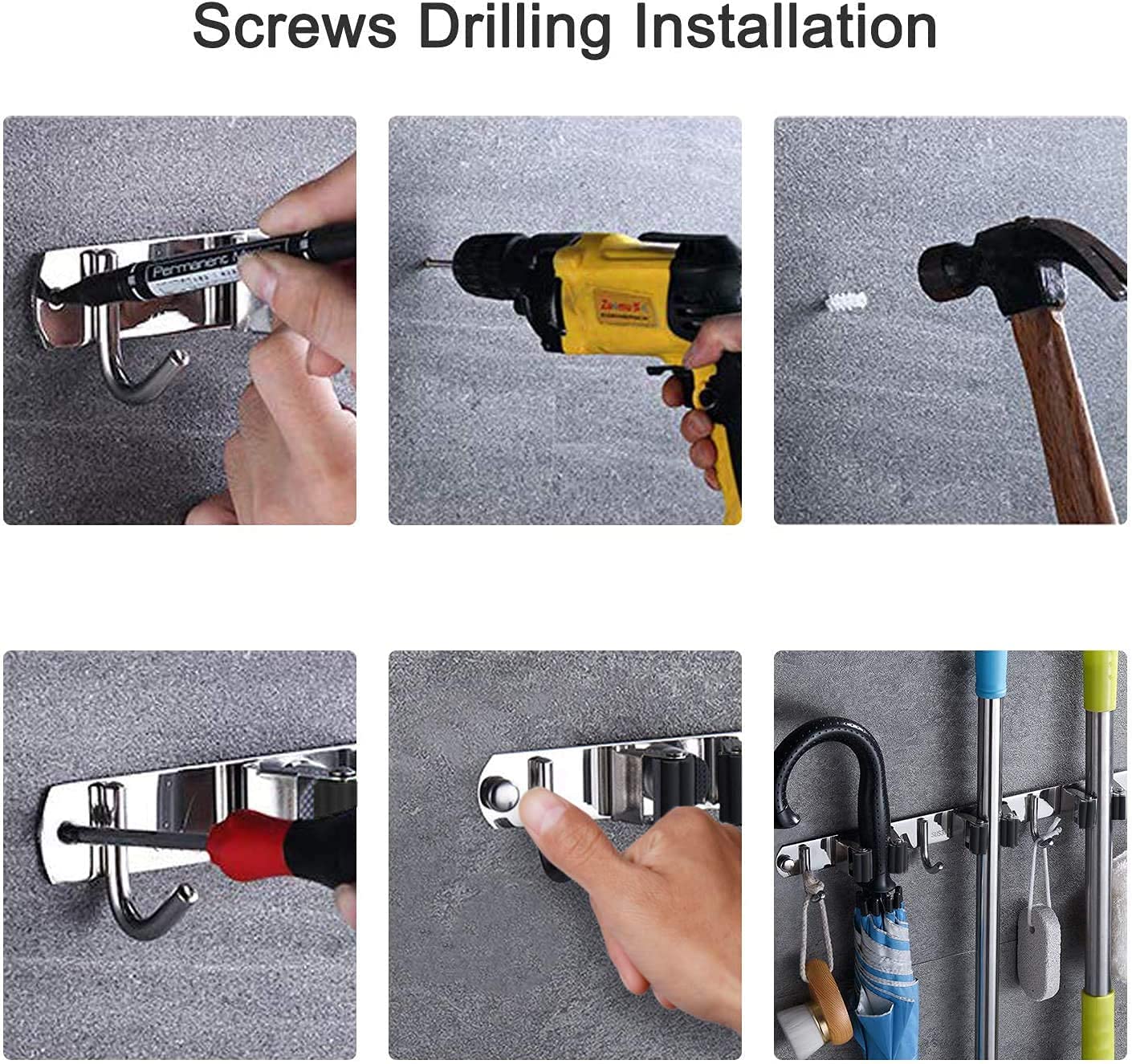 Mop Holder,Broom Organizer, 304 Stainless Steel Broom Holder with 3 Racks 4 Hooks, Wall Mount Garage Organizer Garden Tool Organizer,Hooks Hanger Rack Storage & Home Organization (1 Pack)