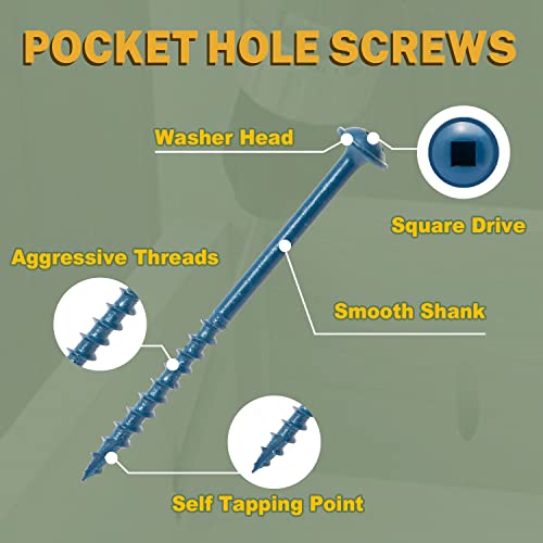 LIONMAX Pocket Hole Screws #8 x 2-1/2", Pocket Wood Screws 285 PCS, Square Drive Washer Head Screws, Coarse Thread with Blue Coated for Outdoor Use, Self Tapping, 150MM Drive Bit Included