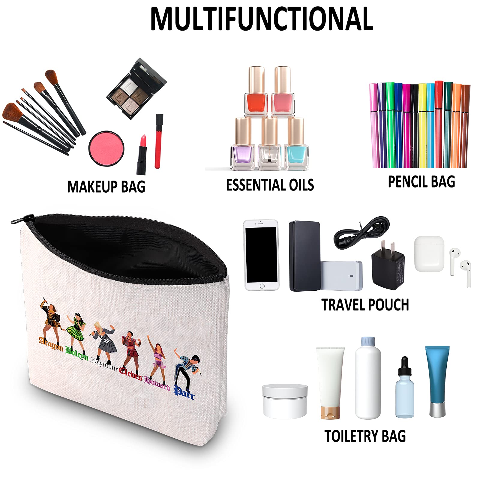 G2TUP The Musical Queens Inspired Gift British History Cosmetic Bag Makeup Bag Musical Theater Fan Gift (British History White Bag)