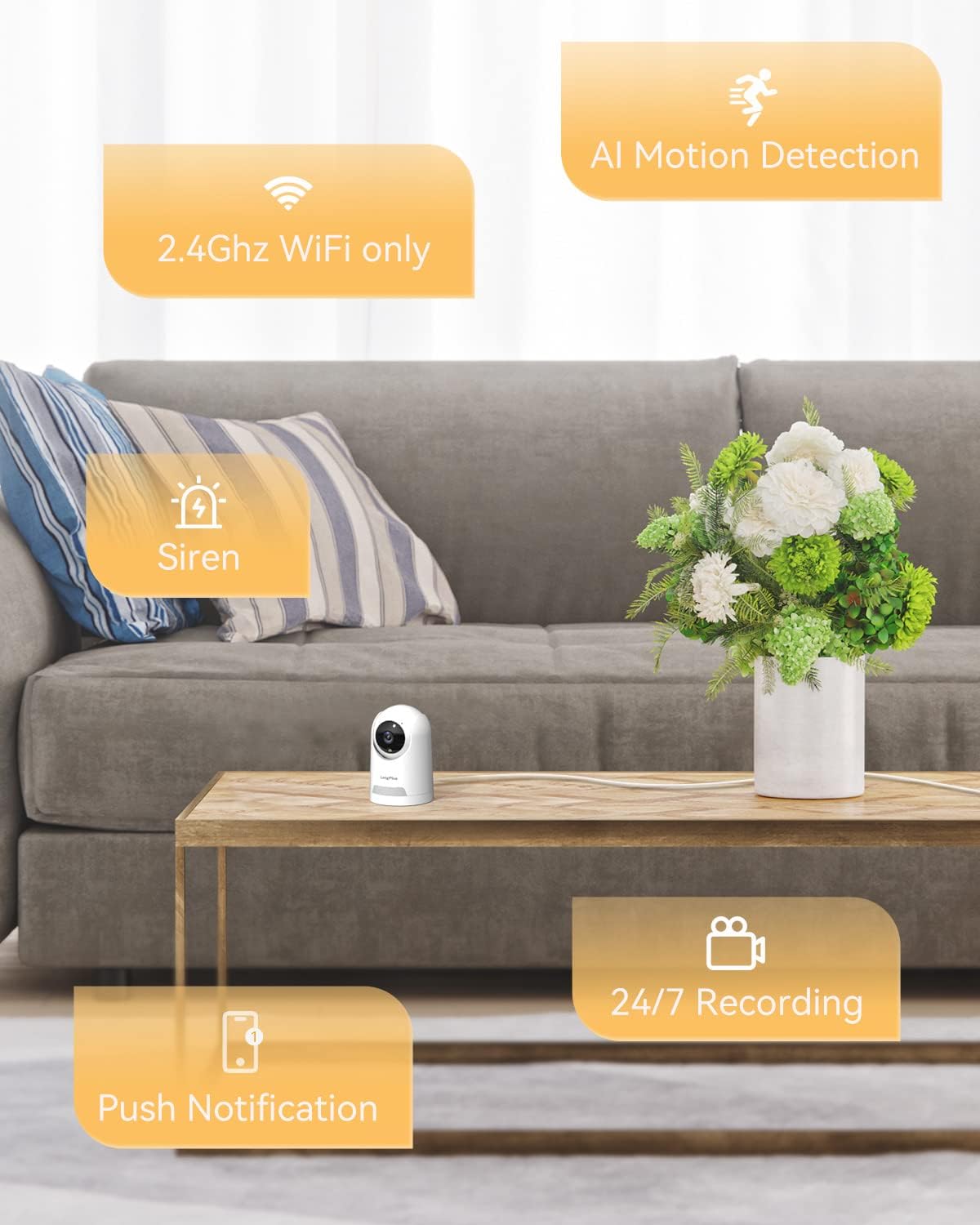 LongPlus 2K Indoor Security Camera, Pet Camera with Phone App, WiFi Cameras for Home Security Camera for Dog/Baby Monitor/Elder Pan Tilt, 2.4G, 2-Way Talk, Human Detection, Motion Tracking (White)