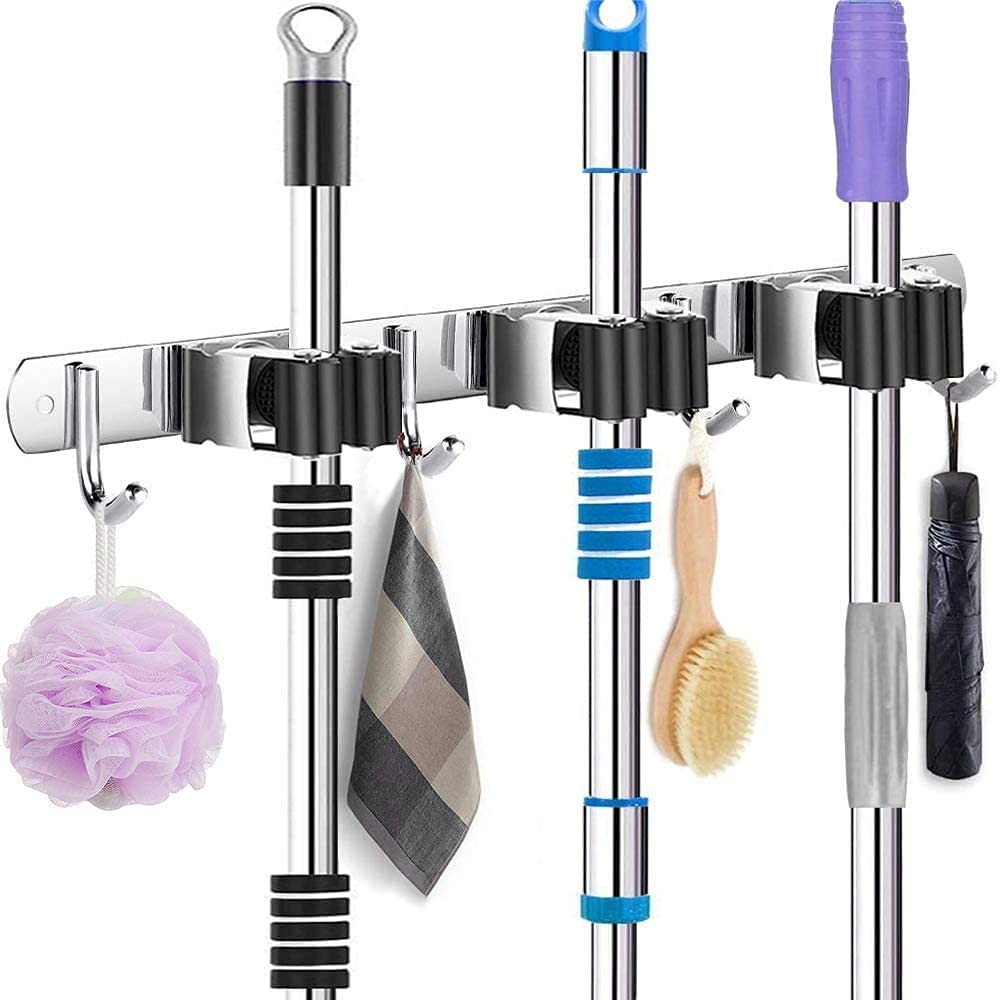 Mop Holder,Broom Organizer, 304 Stainless Steel Broom Holder with 3 Racks 4 Hooks, Wall Mount Garage Organizer Garden Tool Organizer,Hooks Hanger Rack Storage & Home Organization (1 Pack)