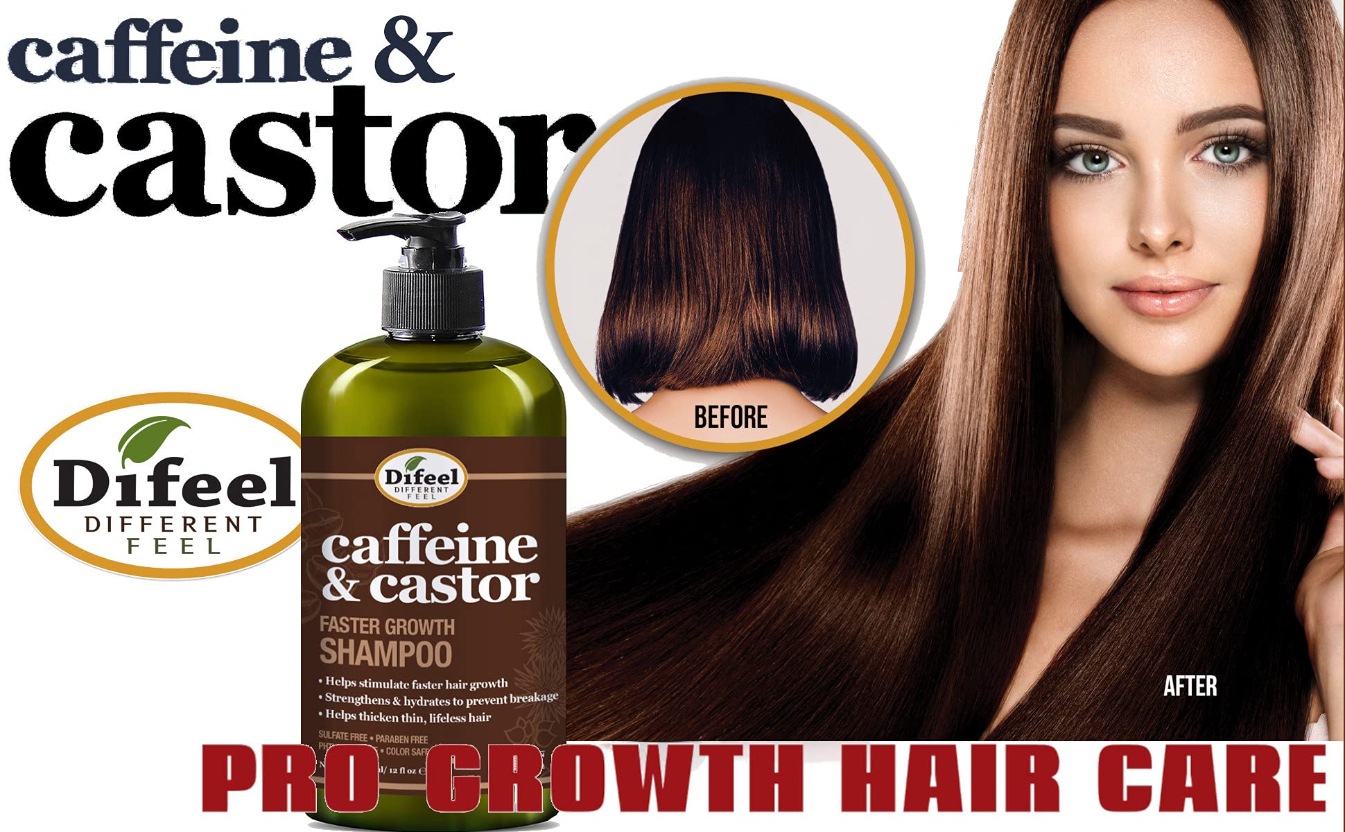 Difeel Caffeine & Castor Faster Growth Shampoo 12 oz., Made with Castor Oil for Hair Growth, Sulfate Free Shampoo