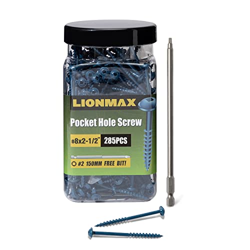 LIONMAX Pocket Hole Screws #8 x 2-1/2", Pocket Wood Screws 285 PCS, Square Drive Washer Head Screws, Coarse Thread with Blue Coated for Outdoor Use, Self Tapping, 150MM Drive Bit Included