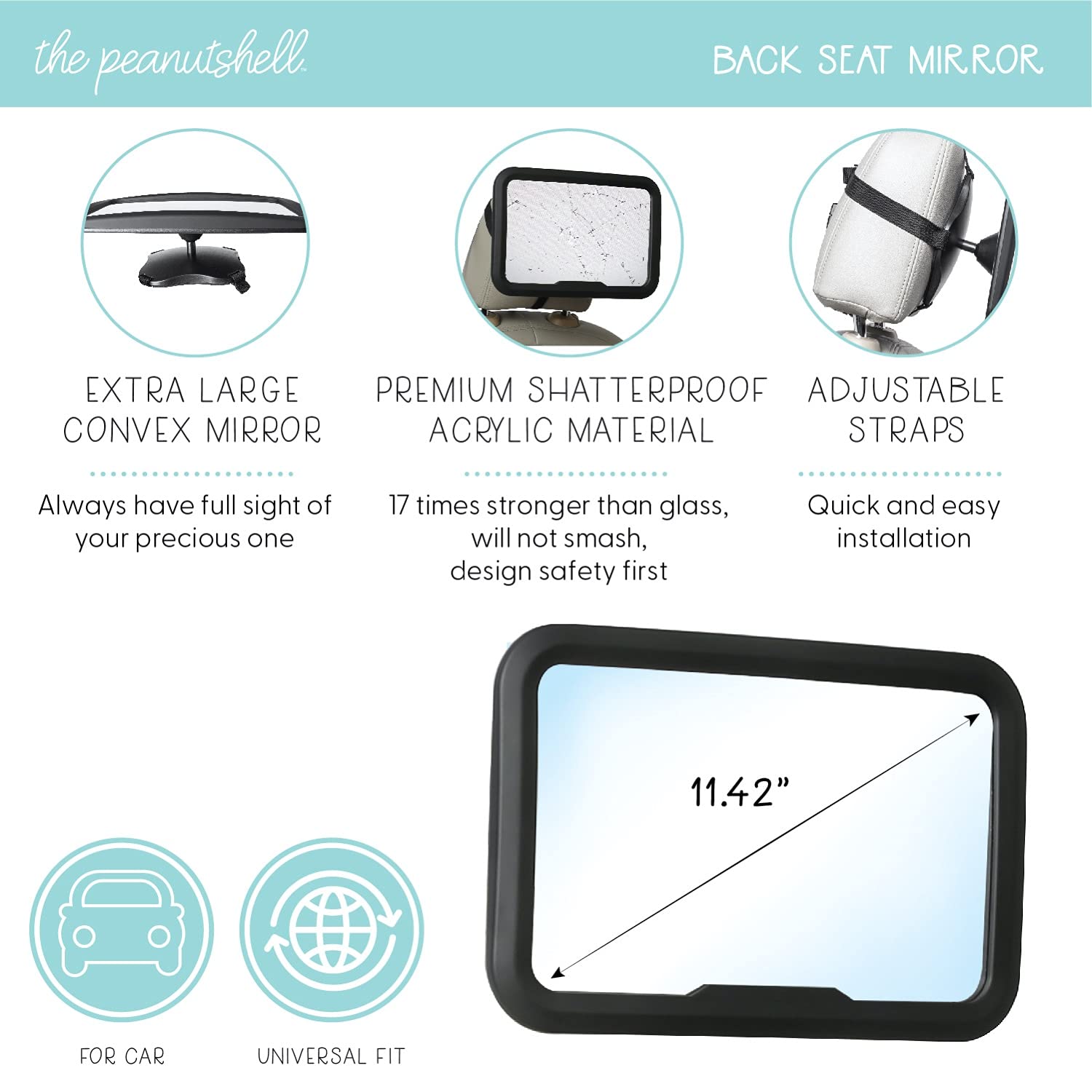 The Peanutshell Back Seat Mirror β Premium Shatterproof Acrylic Baby Mirror for Car, Wide Angle 360 Degrees Fully Adjustable and Easy to Install Baby Travel Essential, Mirror for Car Seat Rear Facing
