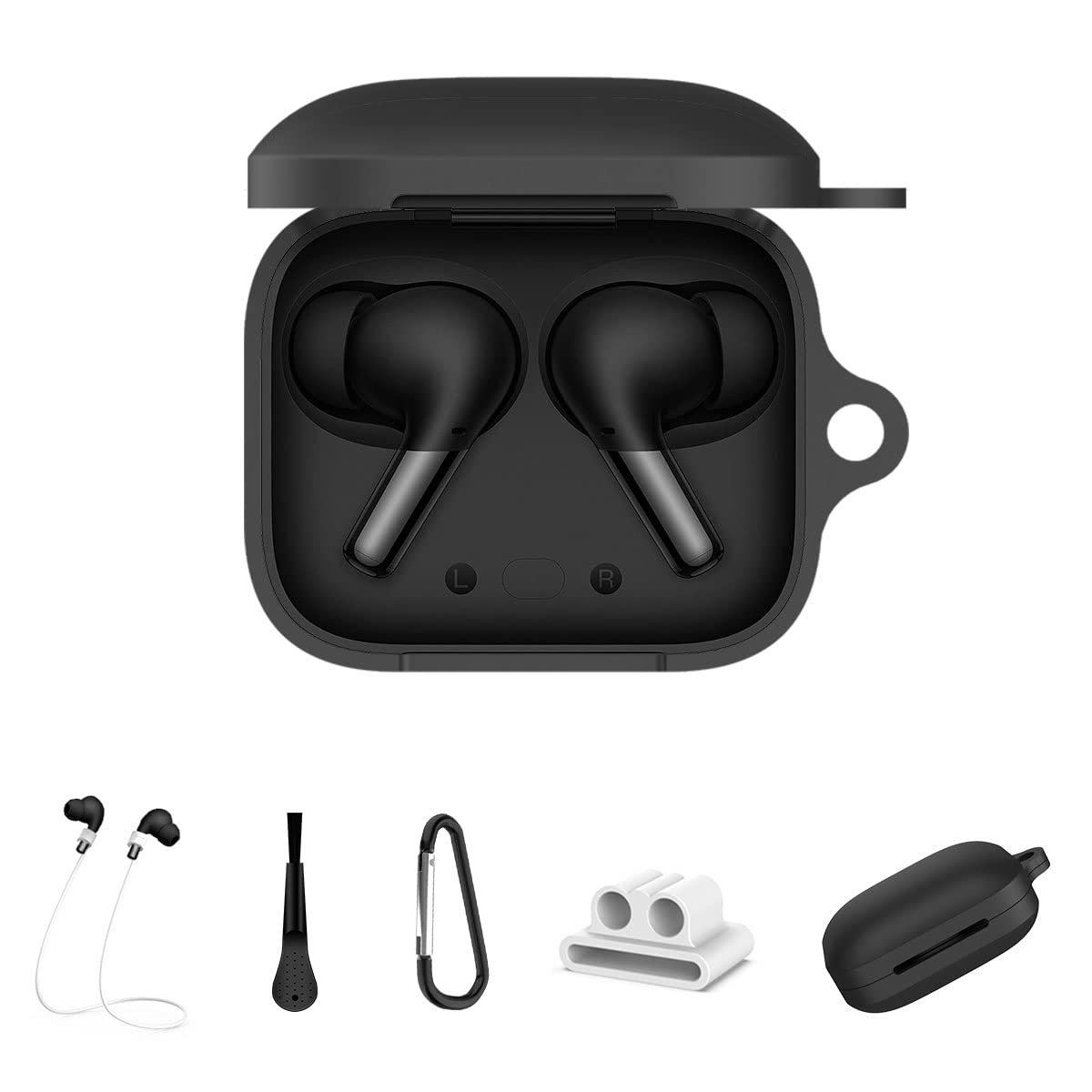Woocon Case for OnePlus Buds Pro Charging Case,5 in 1 Soft Silicone Cover Accessories Protective Skin Sleeve for OnePlus Buds Pro 2 Wireless Earbuds with Keychain/Strap/Watch Band Holder/Brush(Black)