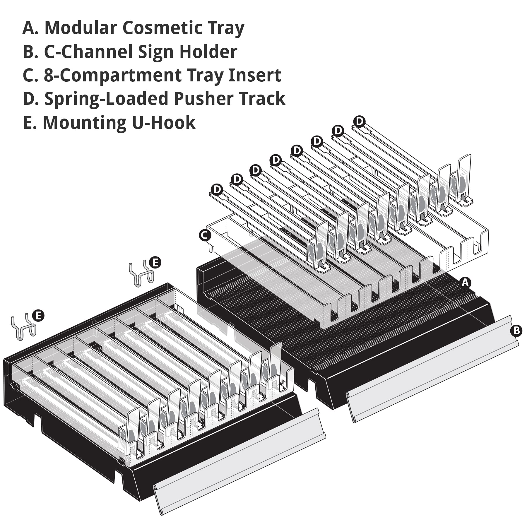 Azar Displays 225830-8COMP-BLK 8 Compartment Divider Bin Cosmetic Tray with Pushers - 8 Slots per Tray, 2-Pack, Black