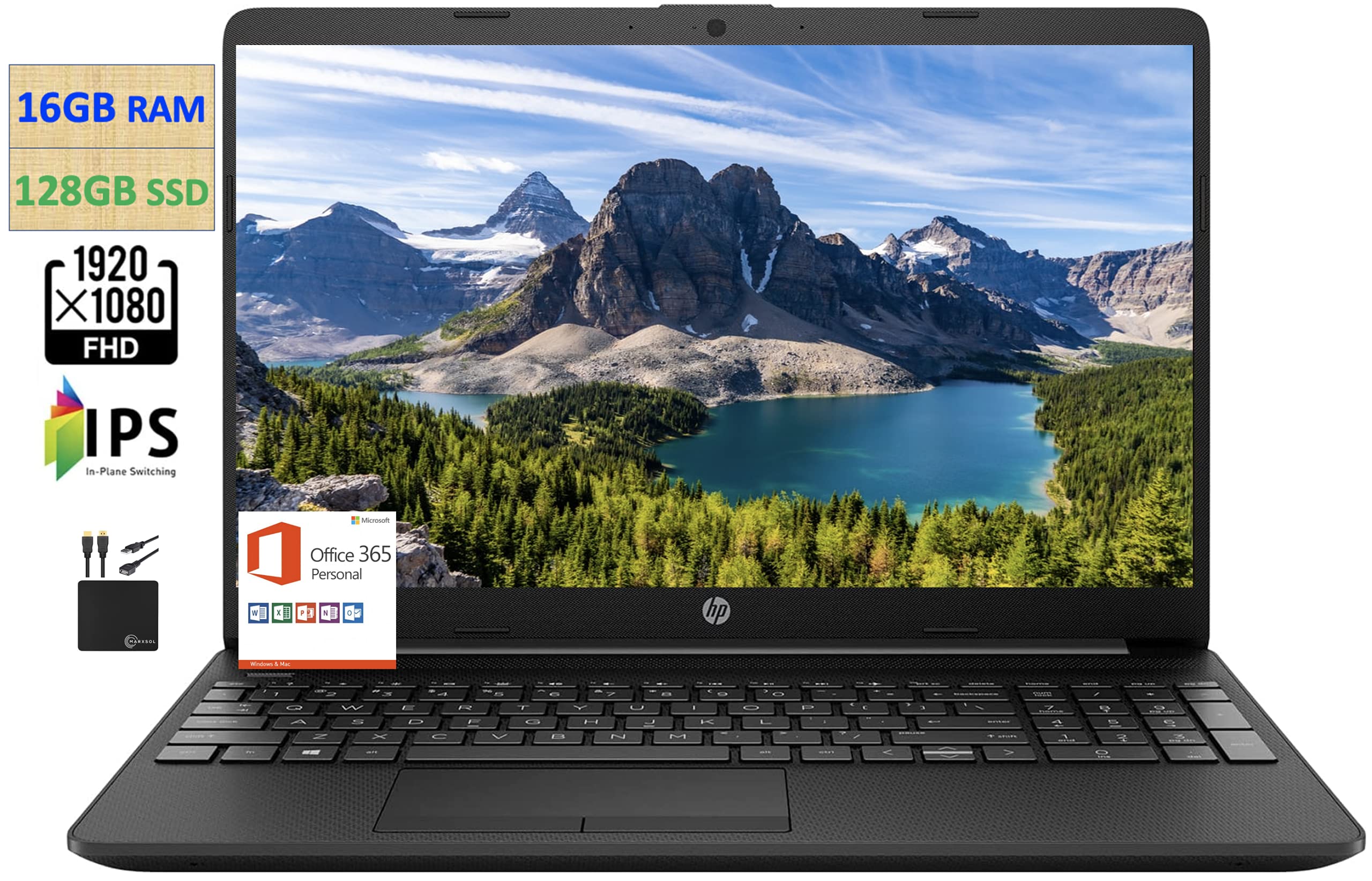 2021 Newest HP 15.6” FHD IPS Anti-Glare Thin Laptop Computer,Intel Celeron N4020 Processor,Dual Core up to 2.8 GHz, 16GB RAM 128GB SSD,HDMI,WiFi,Win10 S,Up to 9 Hours +1-Year Office 365+Marxsol Cables