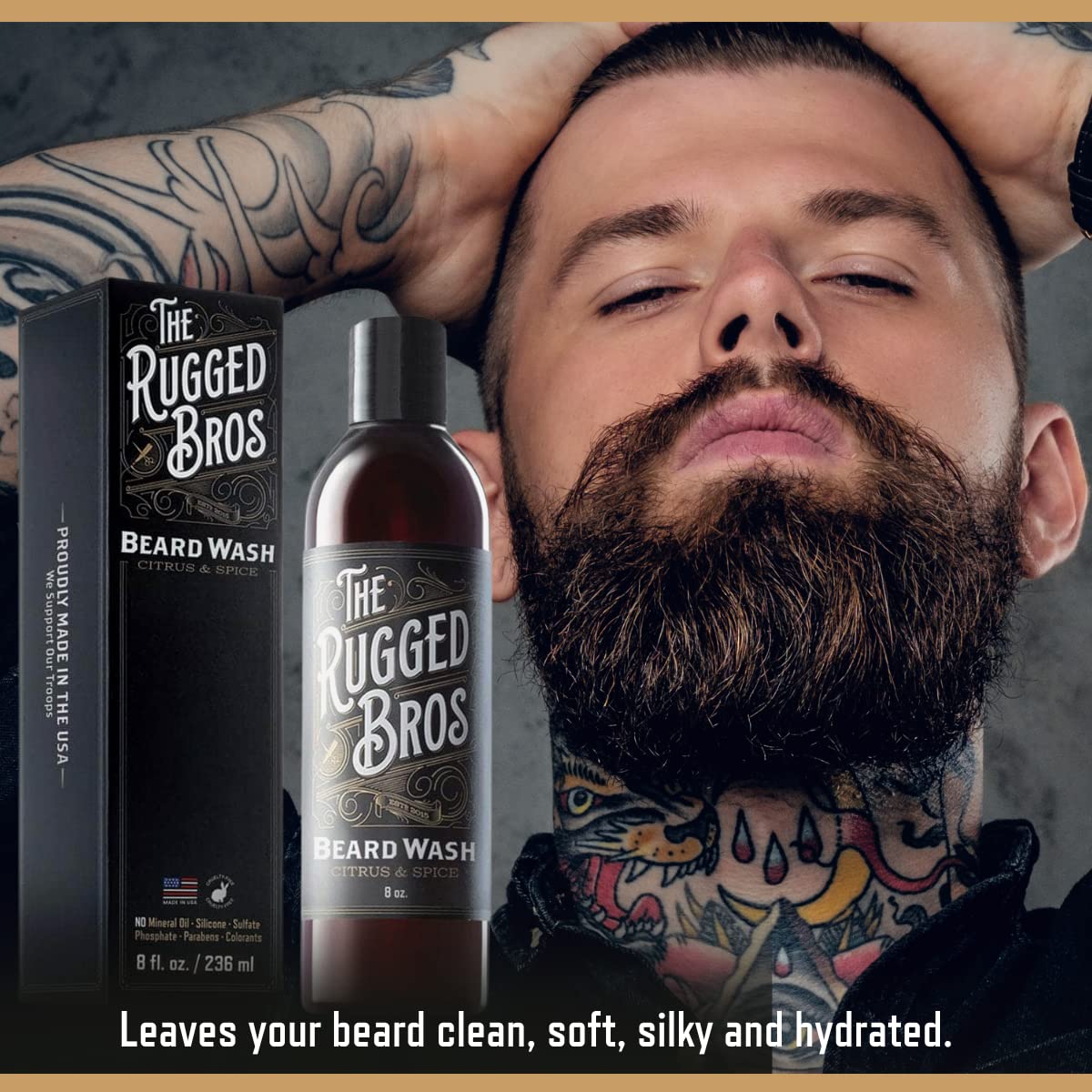 The Rugged Bros Beard Wash : for Face and Beards - Natural Shampoo Made with Organic Aloe Vera Leaf Juice - Cleanses Facial Oil and Dirt While Softening and Moisturizing (Citrus & Spice)