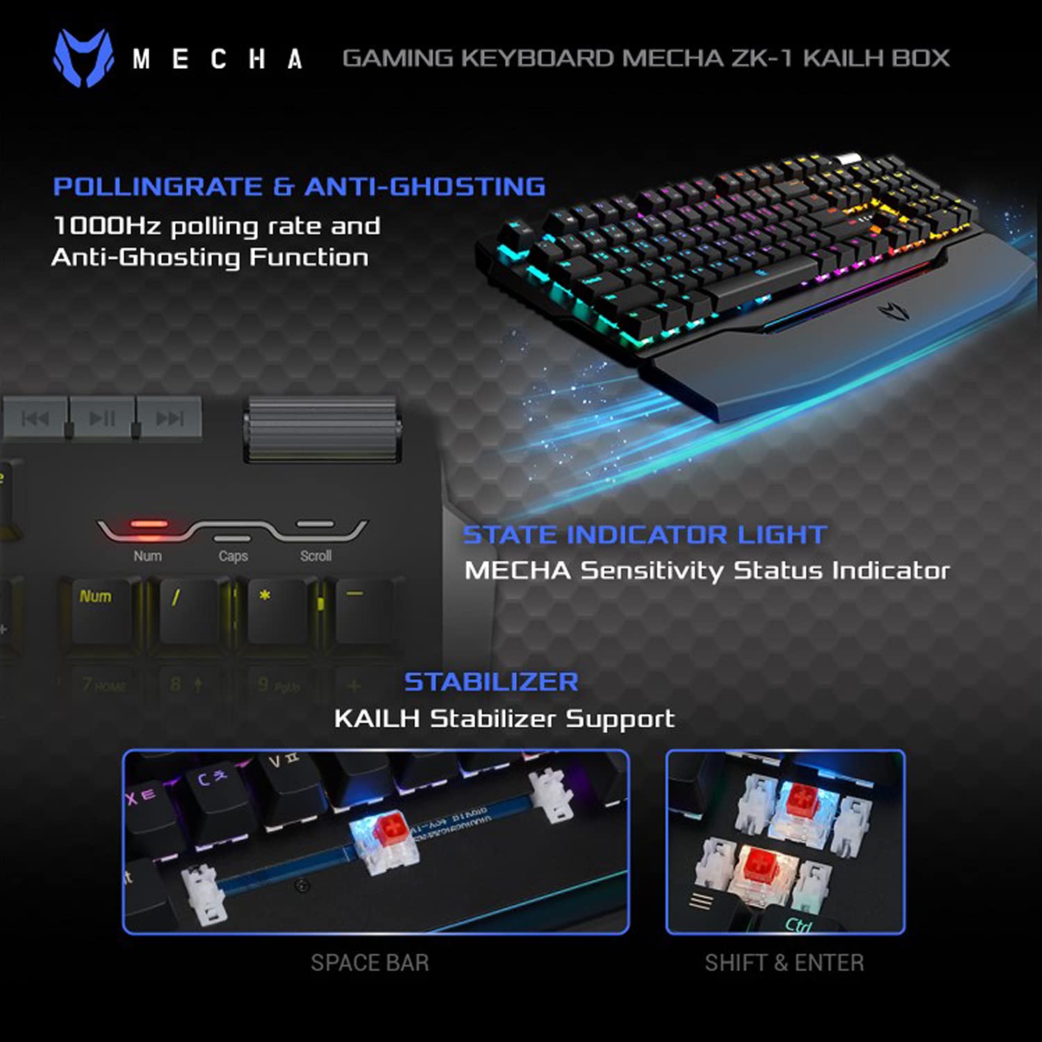WIZMAX Keyboard ZK1 Professional Wired Mechanical Gaming Keyboard, Kailh Box Linear Switches, RGB, Detachable Magnetic Palm Rest, Multimedia Keys, Volume Control Wheel, Aluminum Top (104 Keys, Black)
