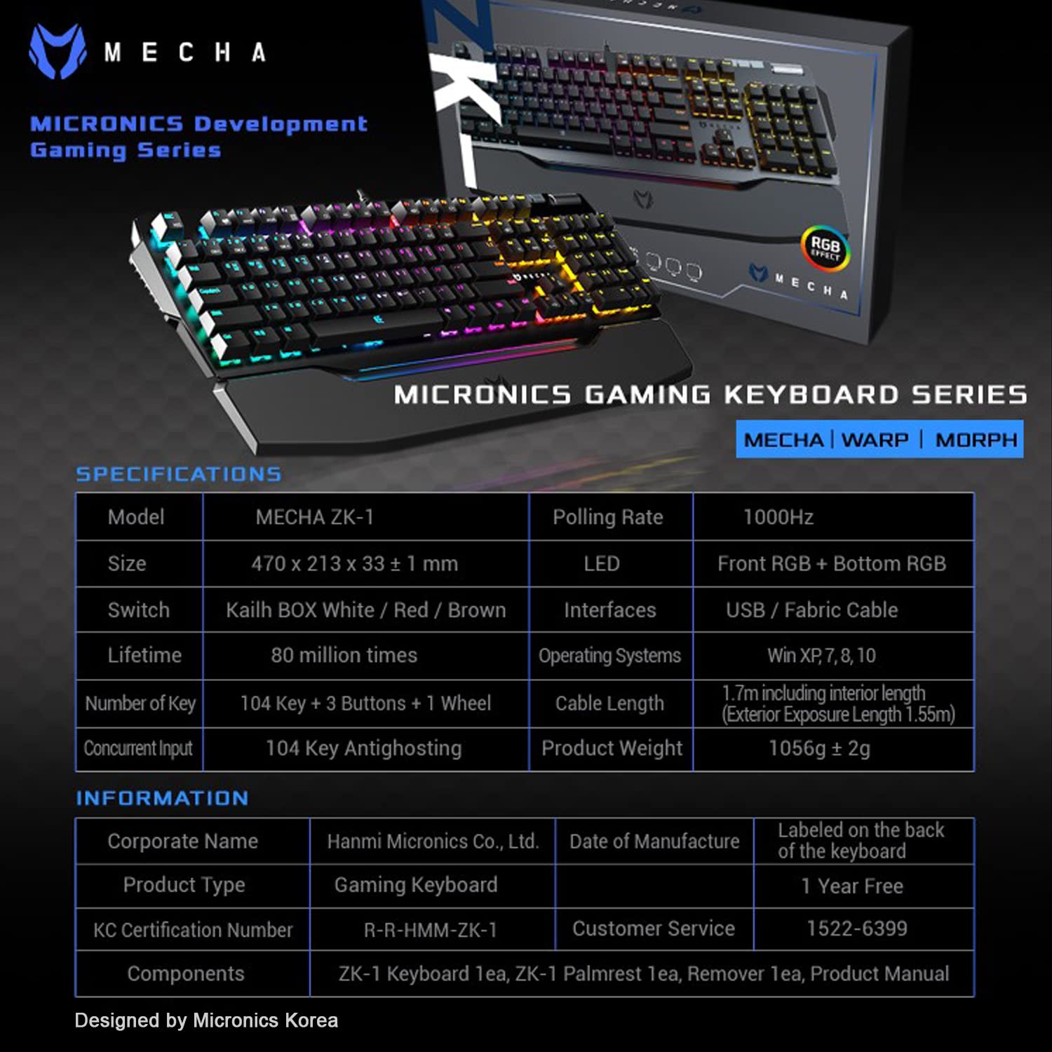 WIZMAX Keyboard ZK1 Professional Wired Mechanical Gaming Keyboard, Kailh Box Linear Switches, RGB, Detachable Magnetic Palm Rest, Multimedia Keys, Volume Control Wheel, Aluminum Top (104 Keys, Black)