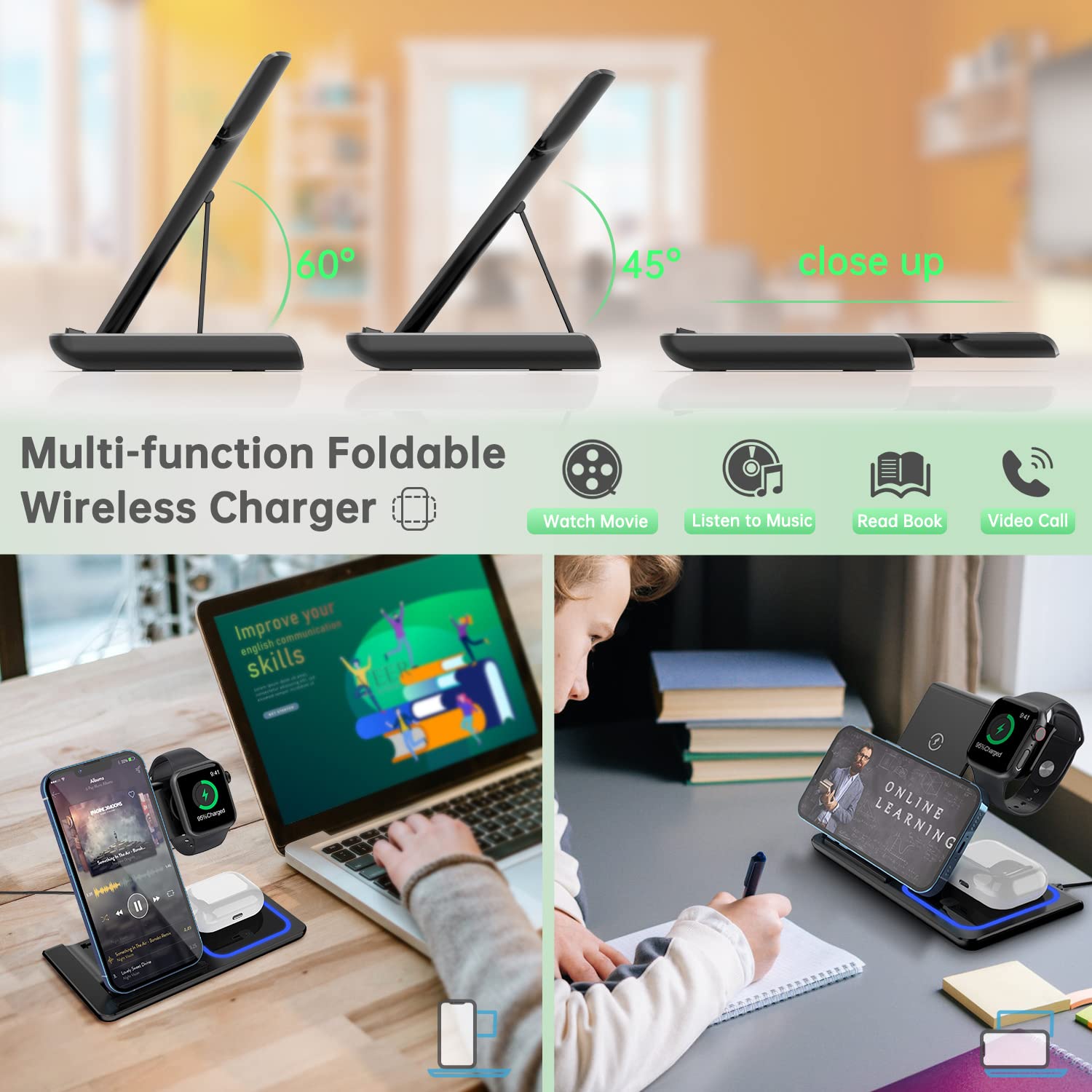 SWAGITLOUD 3 in 1 Fast Wireless Charging Station Dock, Compatible with iPhone 13/12/11/Pro/XS/XR/X/SE/8/8 Plus, Apple Watch Series 6/5/4/3/2/AirPods, USB-C, Qi Certified, 65W