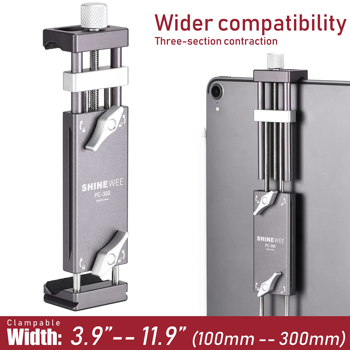 SHINEWEE Aluminum Tablet Tripod Mount Adapter, Clamp Tablet Holder Fits iPad, Air, Pro, Mini, 1 2 3 4 5, Use on Tripod, Monopod, Selfie Stick, Tabletop Stand Etc