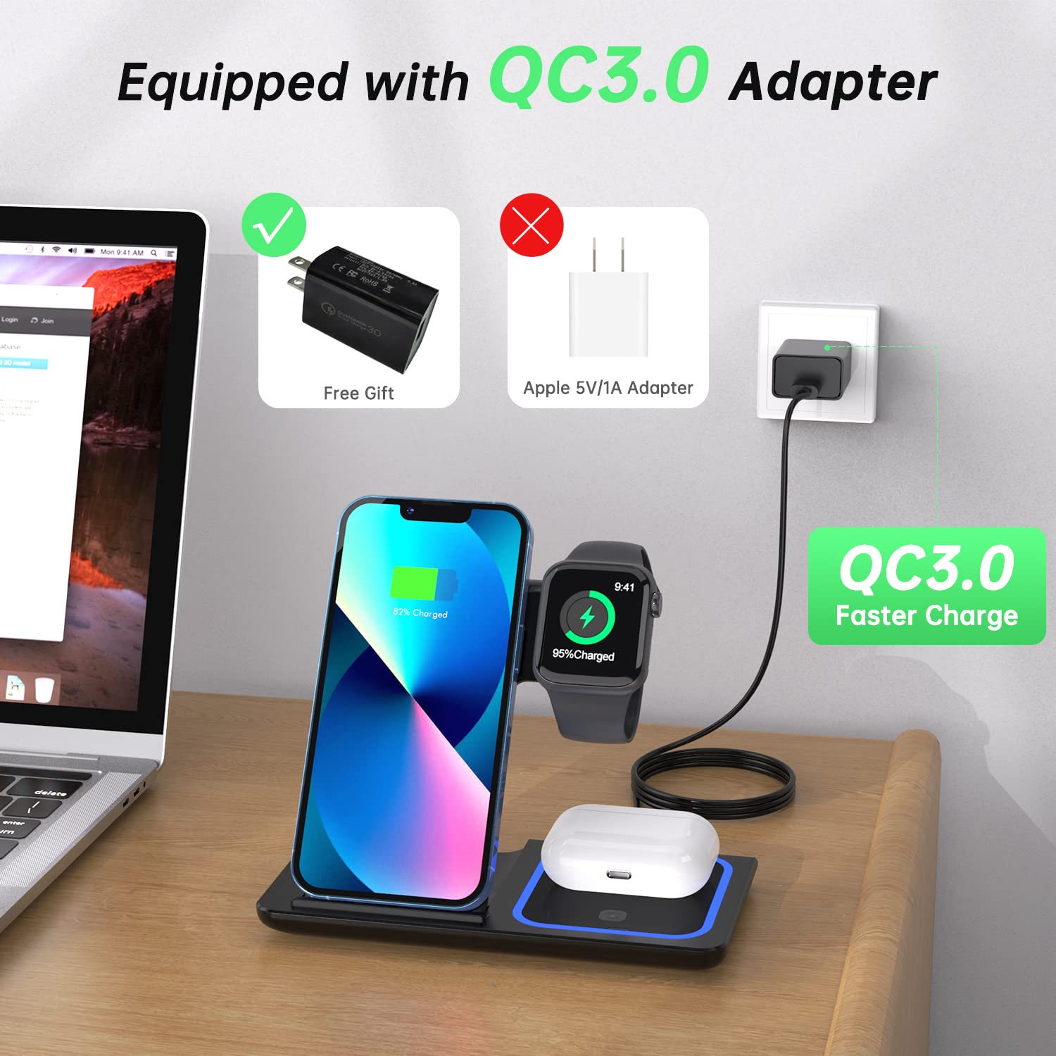 SWAGITLOUD 3 in 1 Fast Wireless Charging Station Dock, Compatible with iPhone 13/12/11/Pro/XS/XR/X/SE/8/8 Plus, Apple Watch Series 6/5/4/3/2/AirPods, USB-C, Qi Certified, 65W