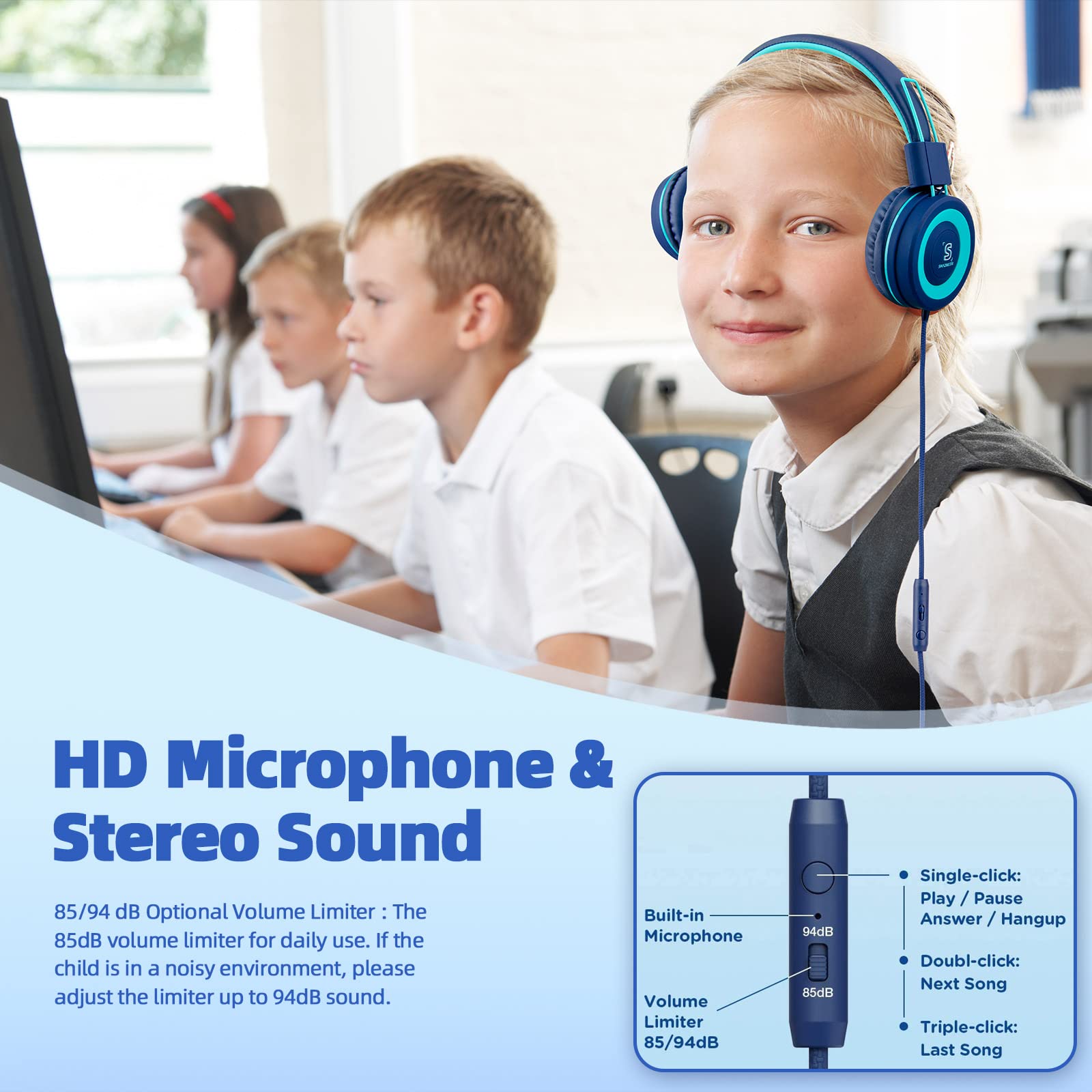 Kids Headphones Wired, Wired Headphones with Microphone, Volume Limiter 85/94dB, 3.5mm Jack for iPad/Kindle/Fire/Girls/Boys/School/Travel - Navy Blue