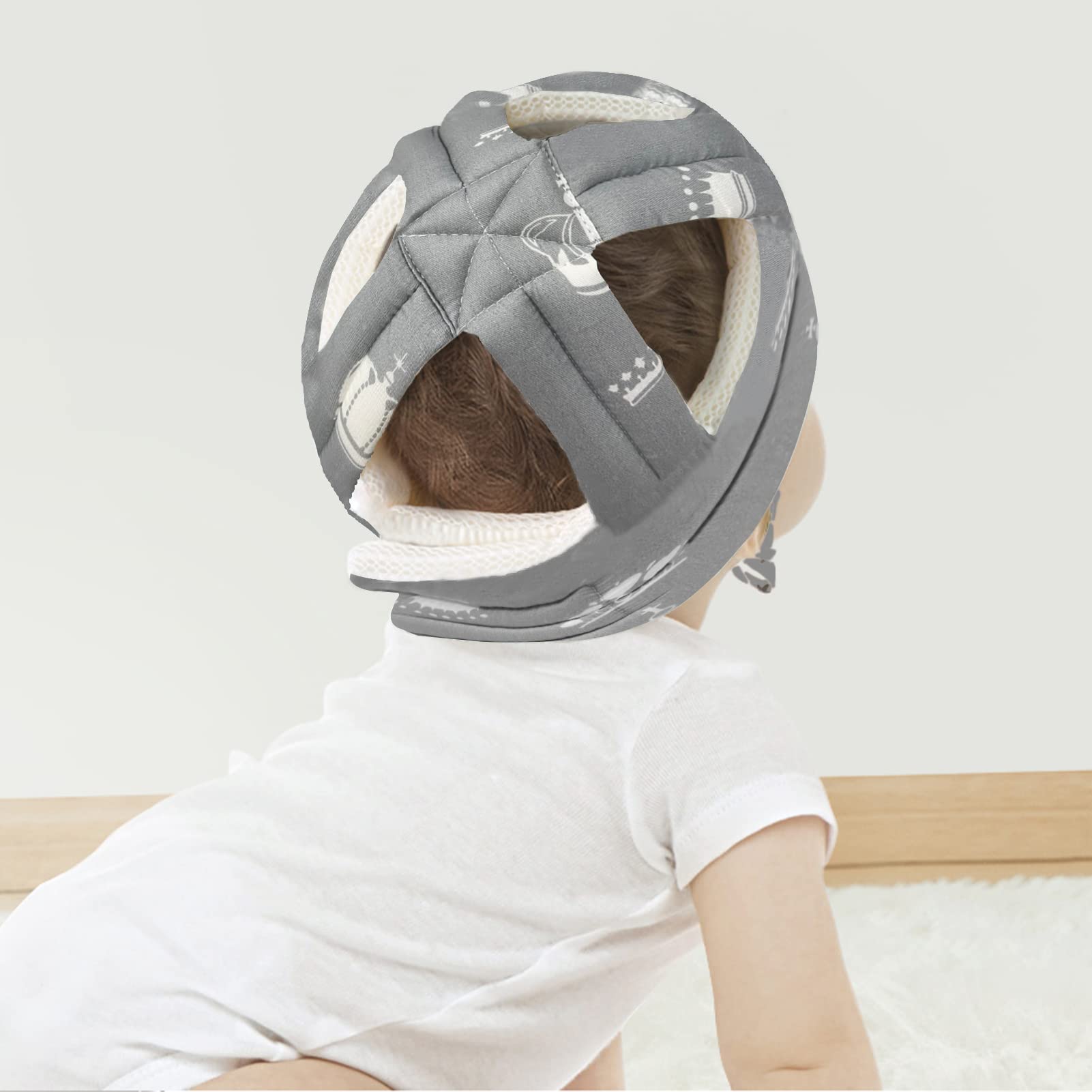 IULONEE Toddler Infant Helmet & Baby Knee Pads 3 Pairs, No Bump Safety Head Cushion Bumper Bonnet Adjustable Protective Cap Breathable Mesh Child Safety Hat for Running Walking Crawling (Grey Crown)