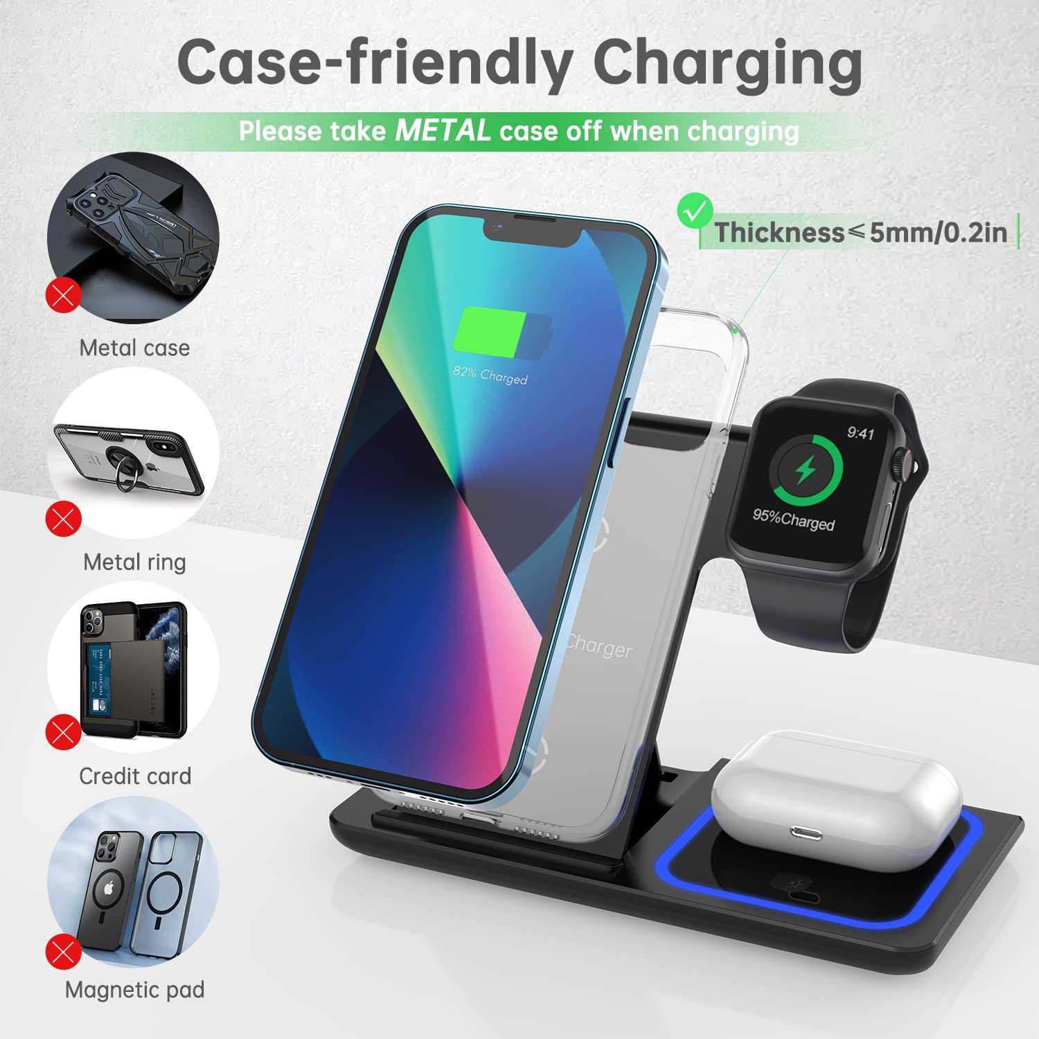 SWAGITLOUD 3 in 1 Fast Wireless Charging Station Dock, Compatible with iPhone 13/12/11/Pro/XS/XR/X/SE/8/8 Plus, Apple Watch Series 6/5/4/3/2/AirPods, USB-C, Qi Certified, 65W