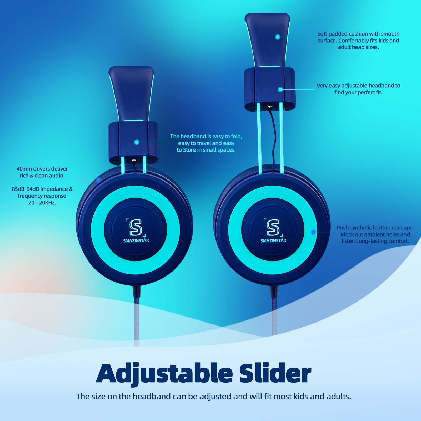 Kids Headphones Wired, Wired Headphones with Microphone, Volume Limiter 85/94dB, 3.5mm Jack for iPad/Kindle/Fire/Girls/Boys/School/Travel - Navy Blue