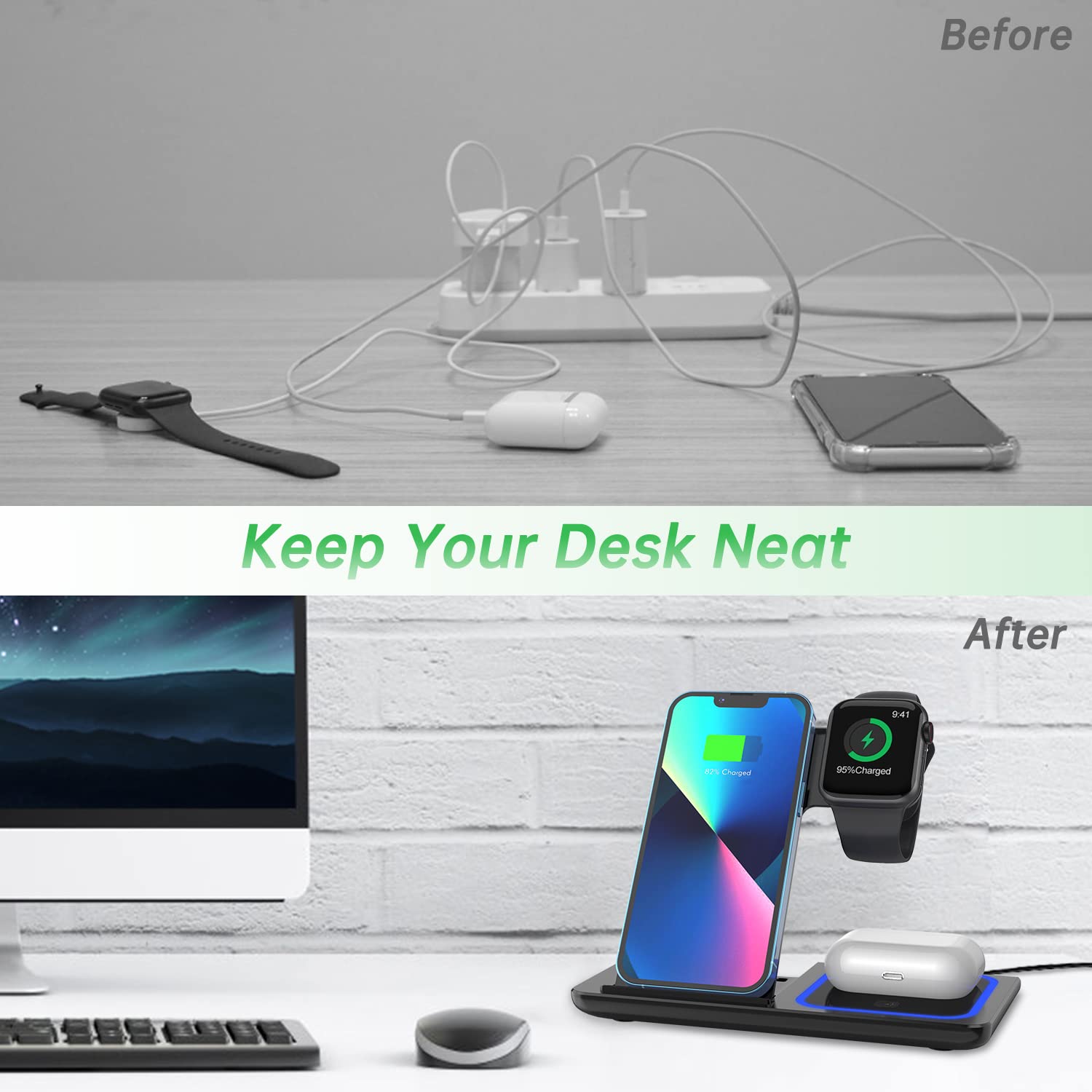 SWAGITLOUD 3 in 1 Fast Wireless Charging Station Dock, Compatible with iPhone 13/12/11/Pro/XS/XR/X/SE/8/8 Plus, Apple Watch Series 6/5/4/3/2/AirPods, USB-C, Qi Certified, 65W
