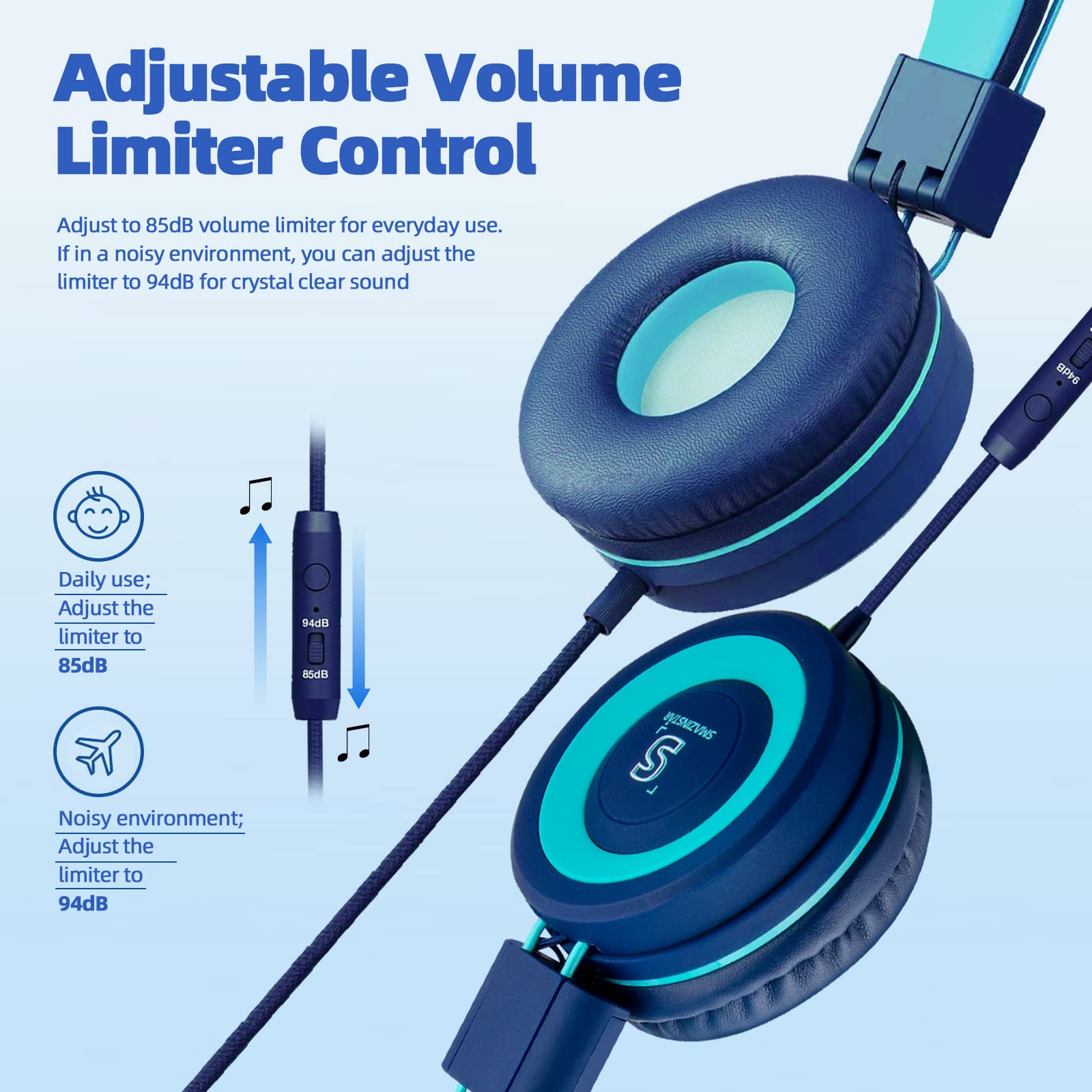 Kids Headphones Wired, Wired Headphones with Microphone, Volume Limiter 85/94dB, 3.5mm Jack for iPad/Kindle/Fire/Girls/Boys/School/Travel - Navy Blue