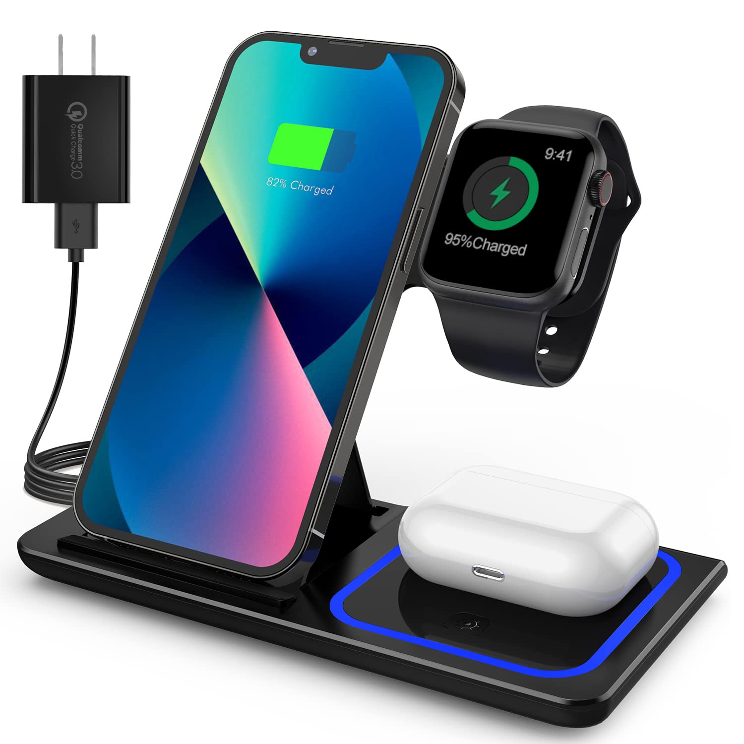 SWAGITLOUD 3 in 1 Fast Wireless Charging Station Dock, Compatible with iPhone 13/12/11/Pro/XS/XR/X/SE/8/8 Plus, Apple Watch Series 6/5/4/3/2/AirPods, USB-C, Qi Certified, 65W