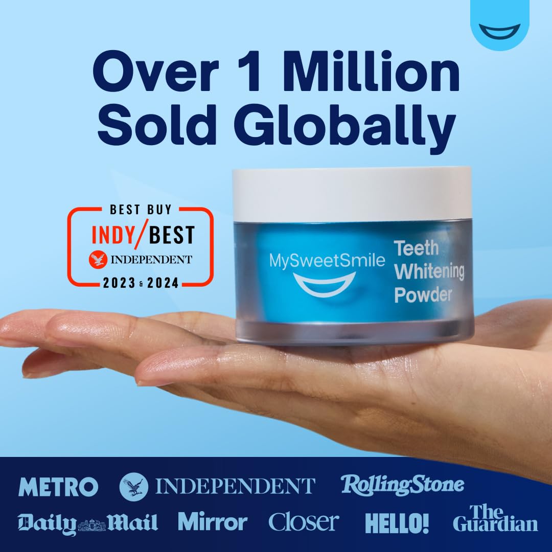 MySweetSmile Teeth Whitening Powder - Dentist-Approved & Enamel-Safe | 6 Month Supply | Tea, Coffee, Wine & Smoking Stain Remover | Non-Sensitive Formula | Peroxide Free | Cool Mint Flavour