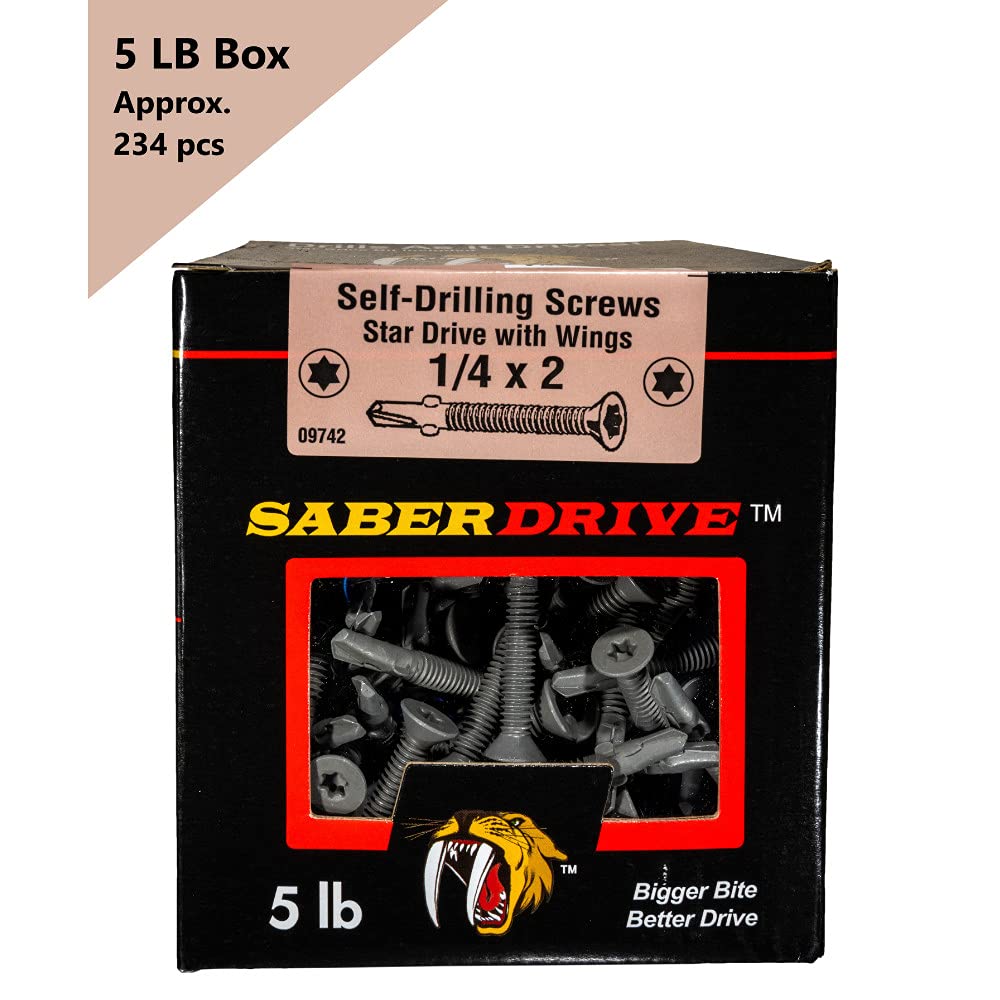 Saberdrive Star Drive Floorboard Screws with Wings, 5lb Box, Approx. 159 Pieces - 1/4" x 3" Self Tapping Screws, Heat, Abrasion, & Corrosion Resistant Thread Forming Screws for Flooring, Repair