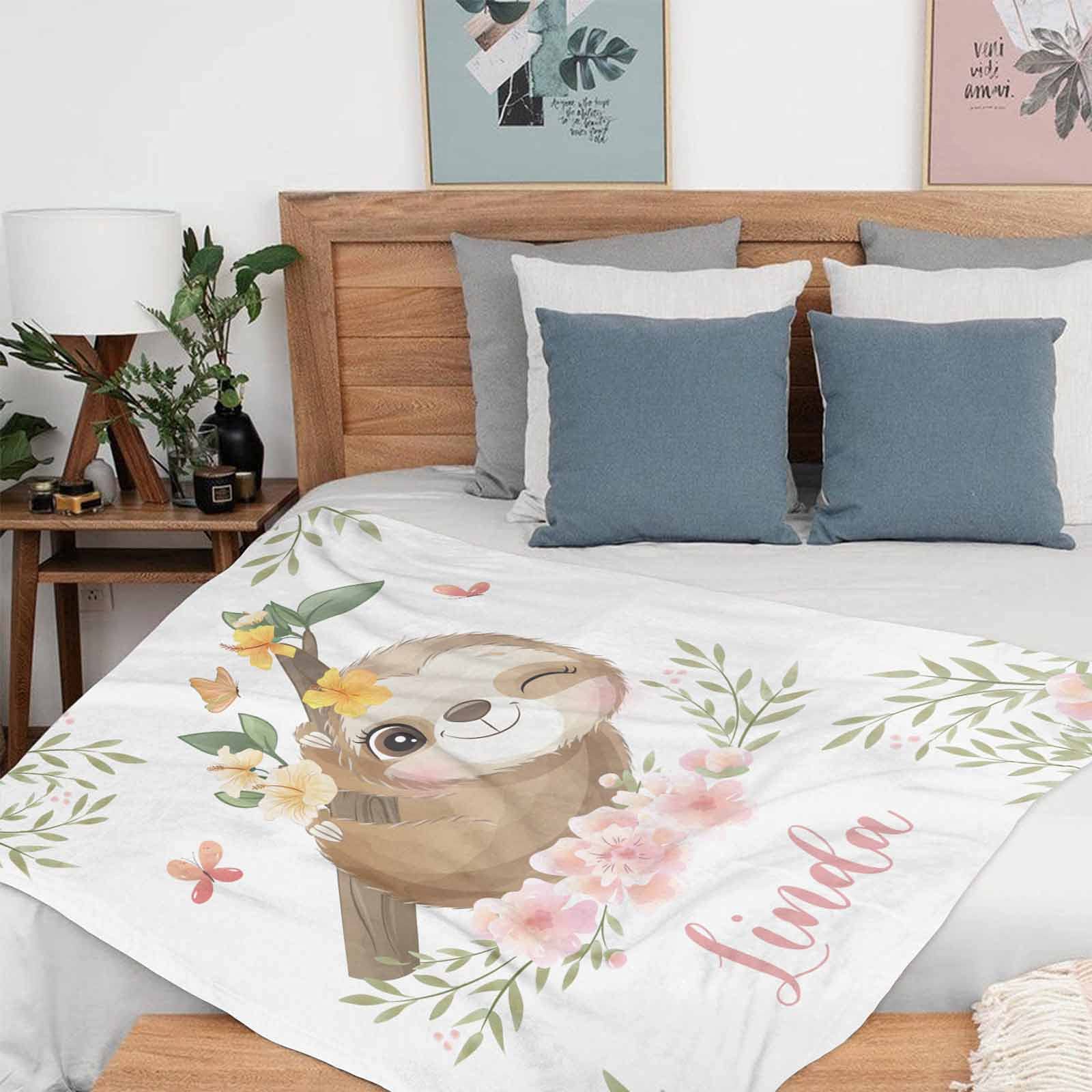 Custom Name Personalized Baby Blankets - Sloth Design for Kids - Soft 50"x60" Throw Blanket