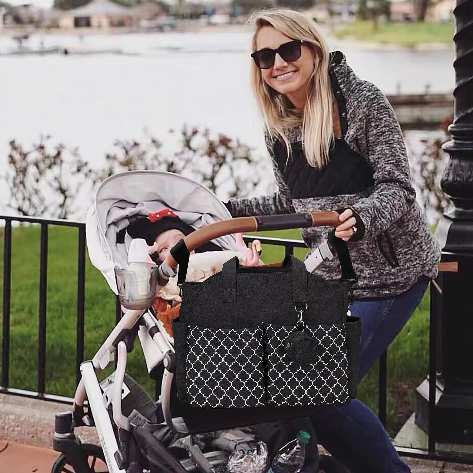 Lmbabter Diaper Bag Tote with Changing Station Upgrade Multi-Function Baby Bag with Adjustable Shoulder Strap Insulated Pockets (Black)