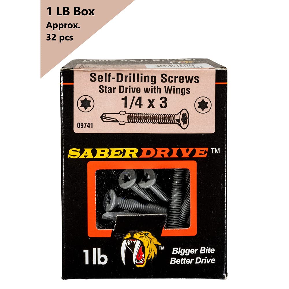 Saberdrive Star Drive Floorboard Screws with Wings, 1lb Box, Approx. 32 Pieces - 1/4" x 3" Self Tapping Screws, Heat, Abrasion, & Corrosion Resistant Thread Forming Metal Screws for Flooring, Repair