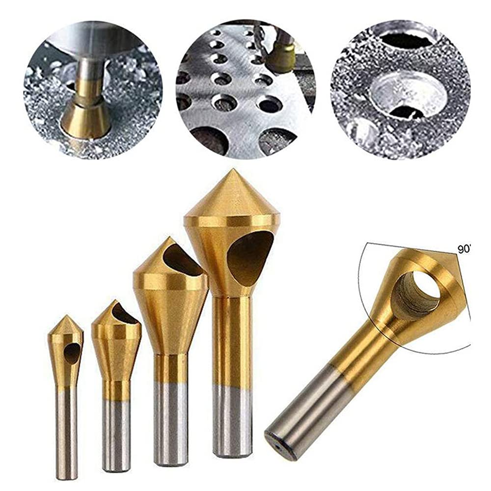 4 Pieces Chamfer Countersink Deburring Drill Bits Set Titanium Coated 6/8/10/12mm Round Shank Single End Countersinks Hole for Metal and Plastic