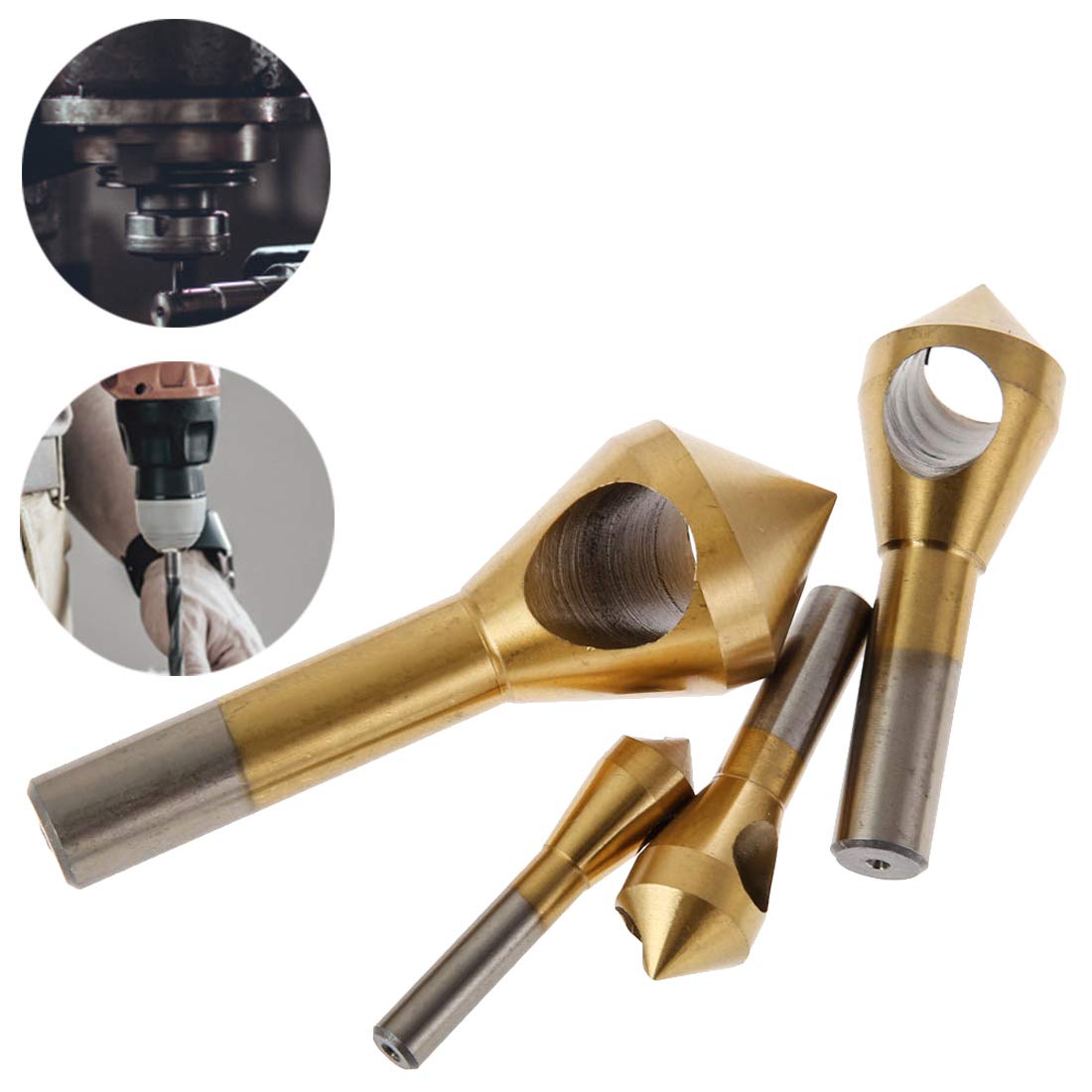 4 Pieces Chamfer Countersink Deburring Drill Bits Set Titanium Coated 6/8/10/12mm Round Shank Single End Countersinks Hole for Metal and Plastic