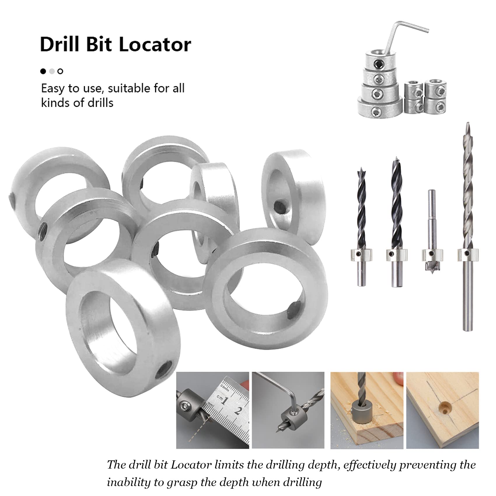 Muye 2 Set 8pcs Metric Woodworking Drill Stop Collar Set 3mm-16mm Nickel Plated Drilling Bit Depth Stopper with 2 Hex Wrenchs Drill Bit Limited Ring Silver Carbon Steel