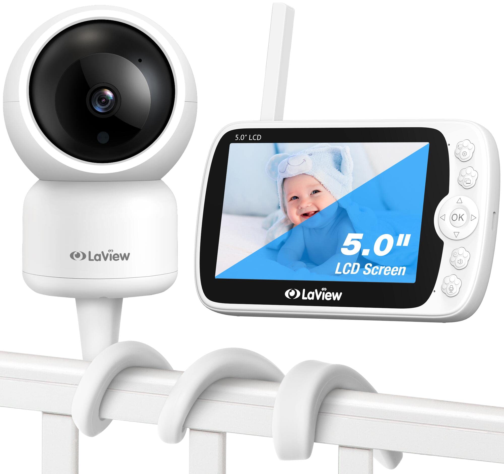LaView 5" Color LCD Screen Baby Monitor with Mount,1080p HD Baby Monitor with Camera and Audio, Pan-Tilt Baby Camera Monitor,Infrared Night Vision,Two-Way Talk,Lullabies and Room Temperature
