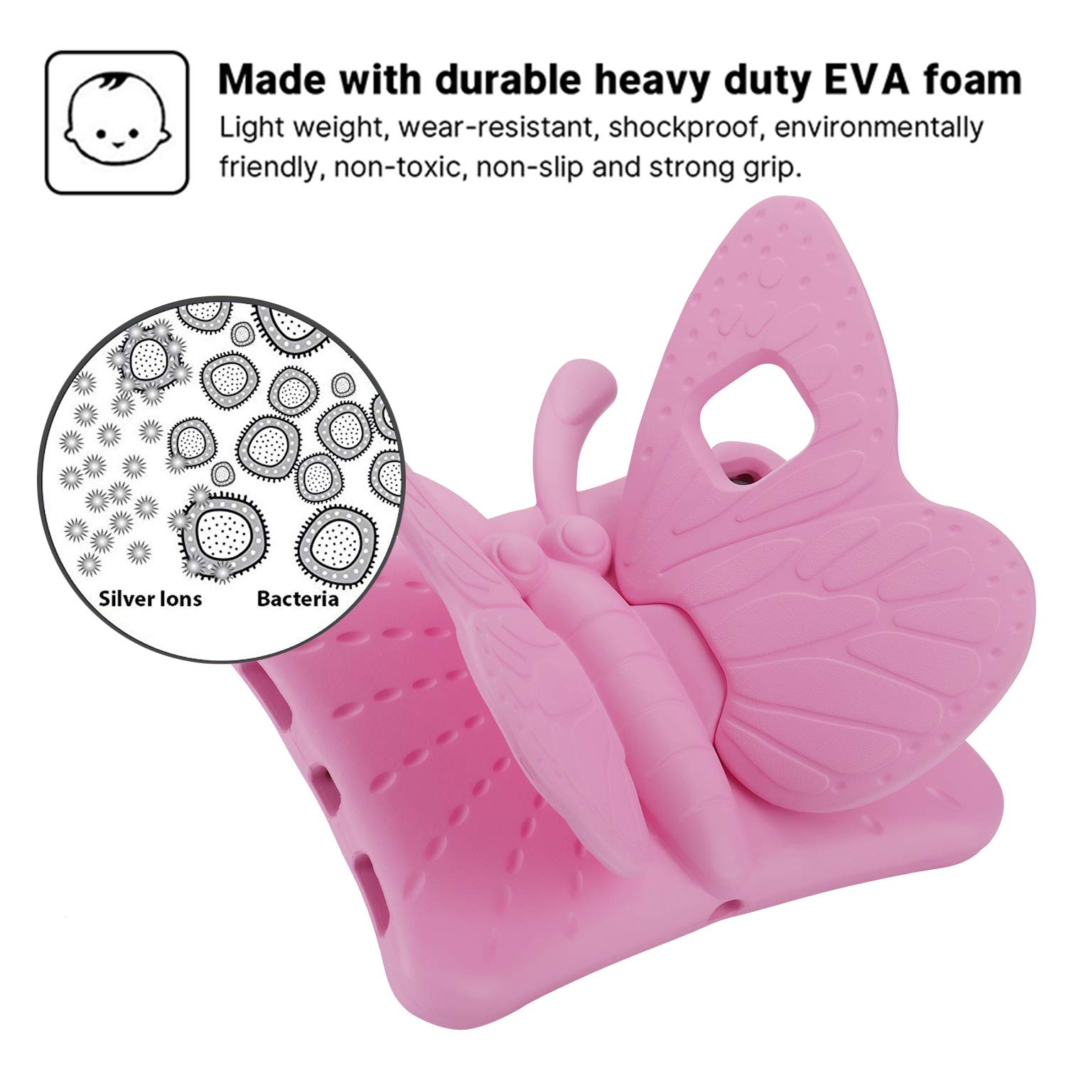 Compatible with iPad Mini 6 7 2024 Pretty Butterfly Case for Kids Girl Light Safe EVA Foam Full Cover Sturdy Kids case with Stand Pencil Holder Shockproof Rugged case for iPad Mini 6th 7th Gen (Pink)