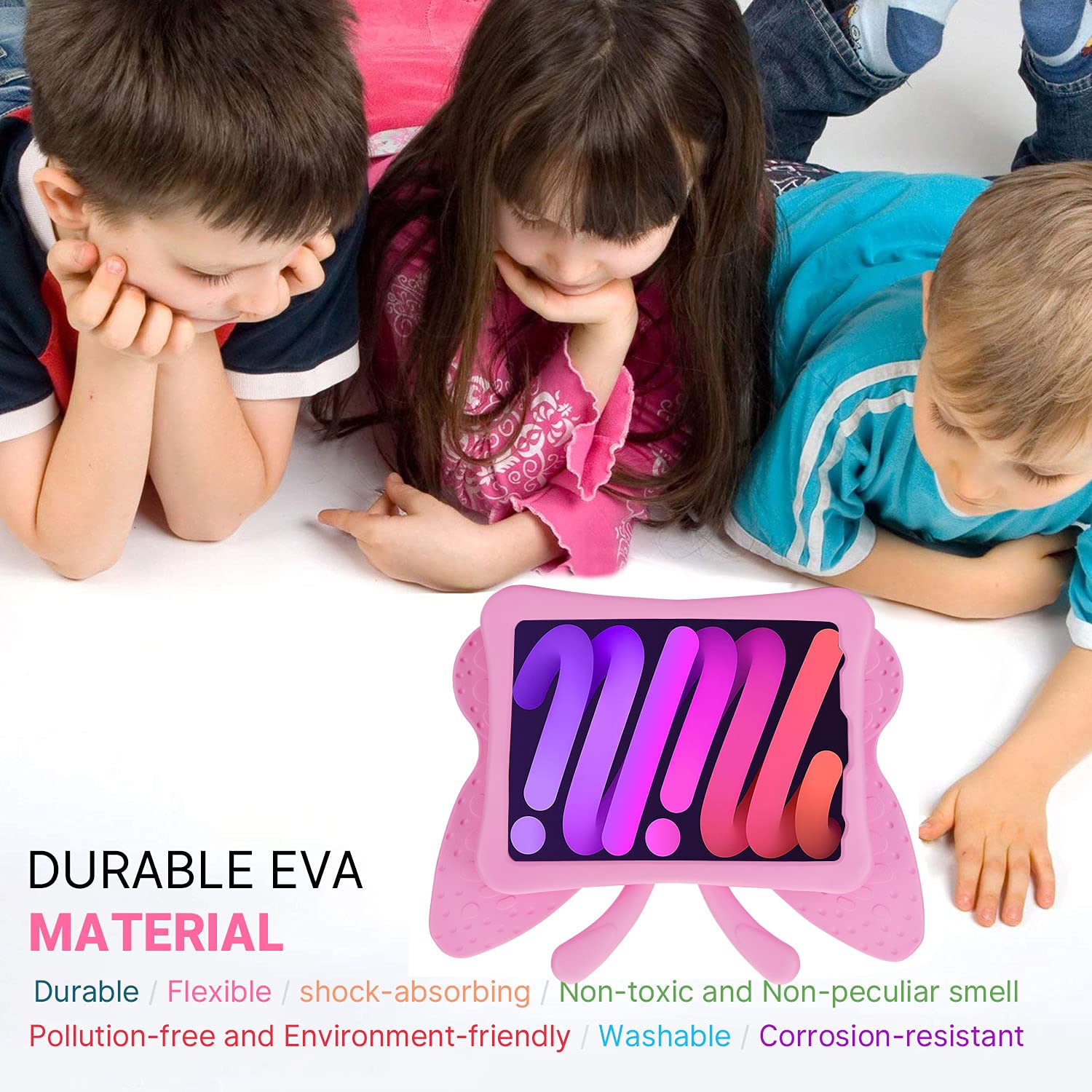 Compatible with iPad Mini 6 7 2024 Pretty Butterfly Case for Kids Girl Light Safe EVA Foam Full Cover Sturdy Kids case with Stand Pencil Holder Shockproof Rugged case for iPad Mini 6th 7th Gen (Pink)
